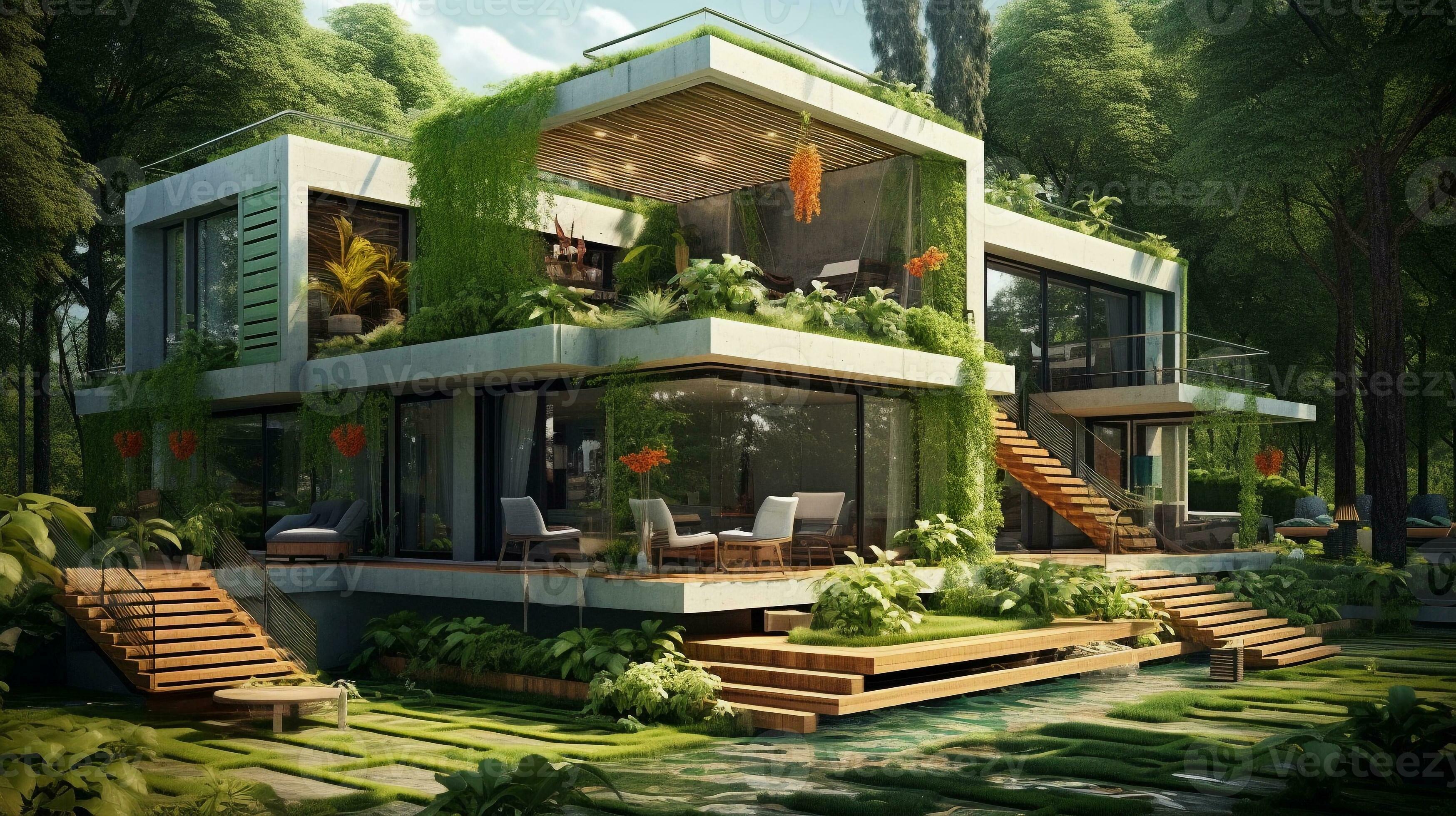 An artistic representation of a modern house designed with sustainable and eco-friendly features ...