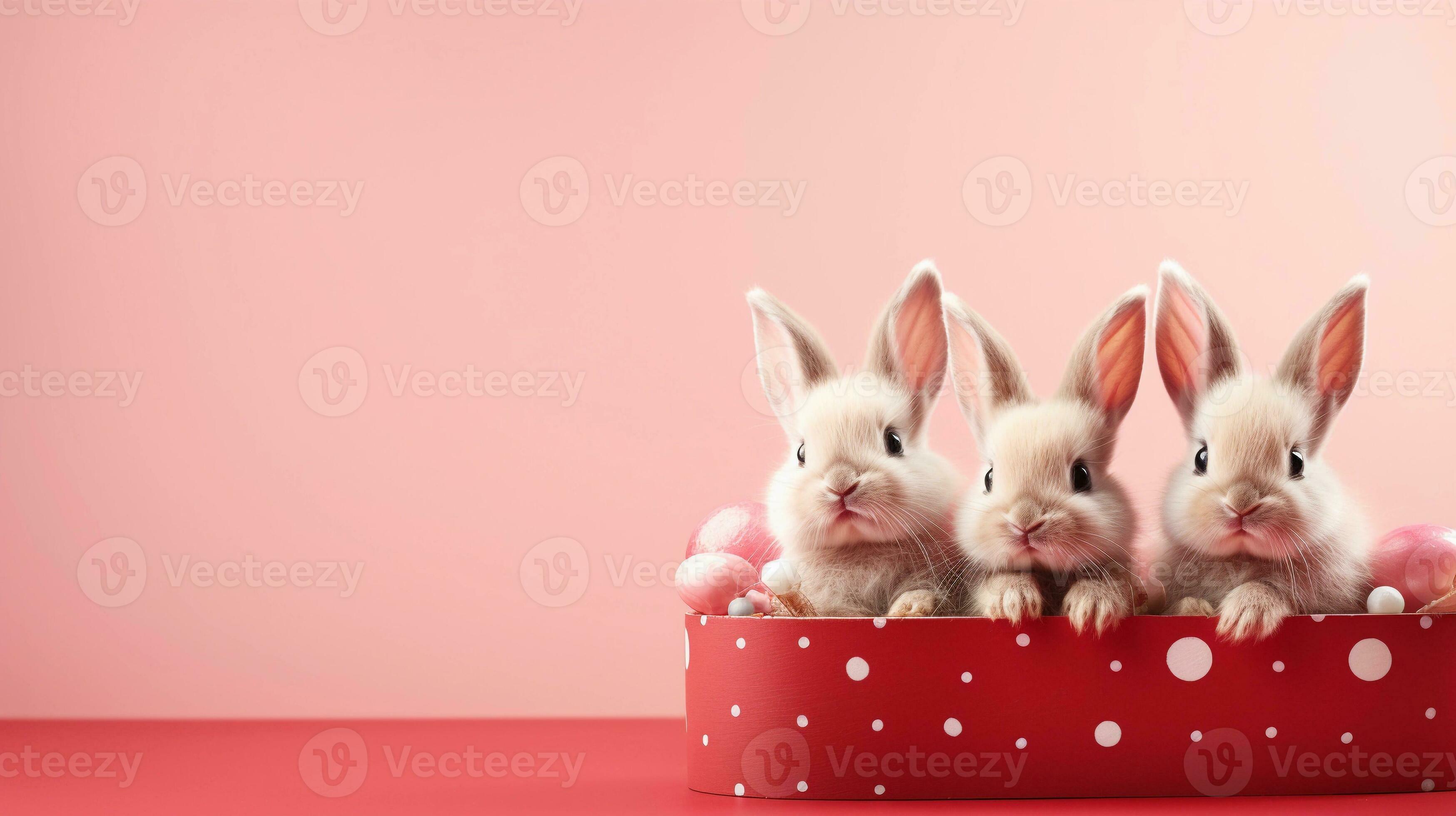 Cute Easter Bunnies On A Light Red Background With Space For Text On The Side Background Image