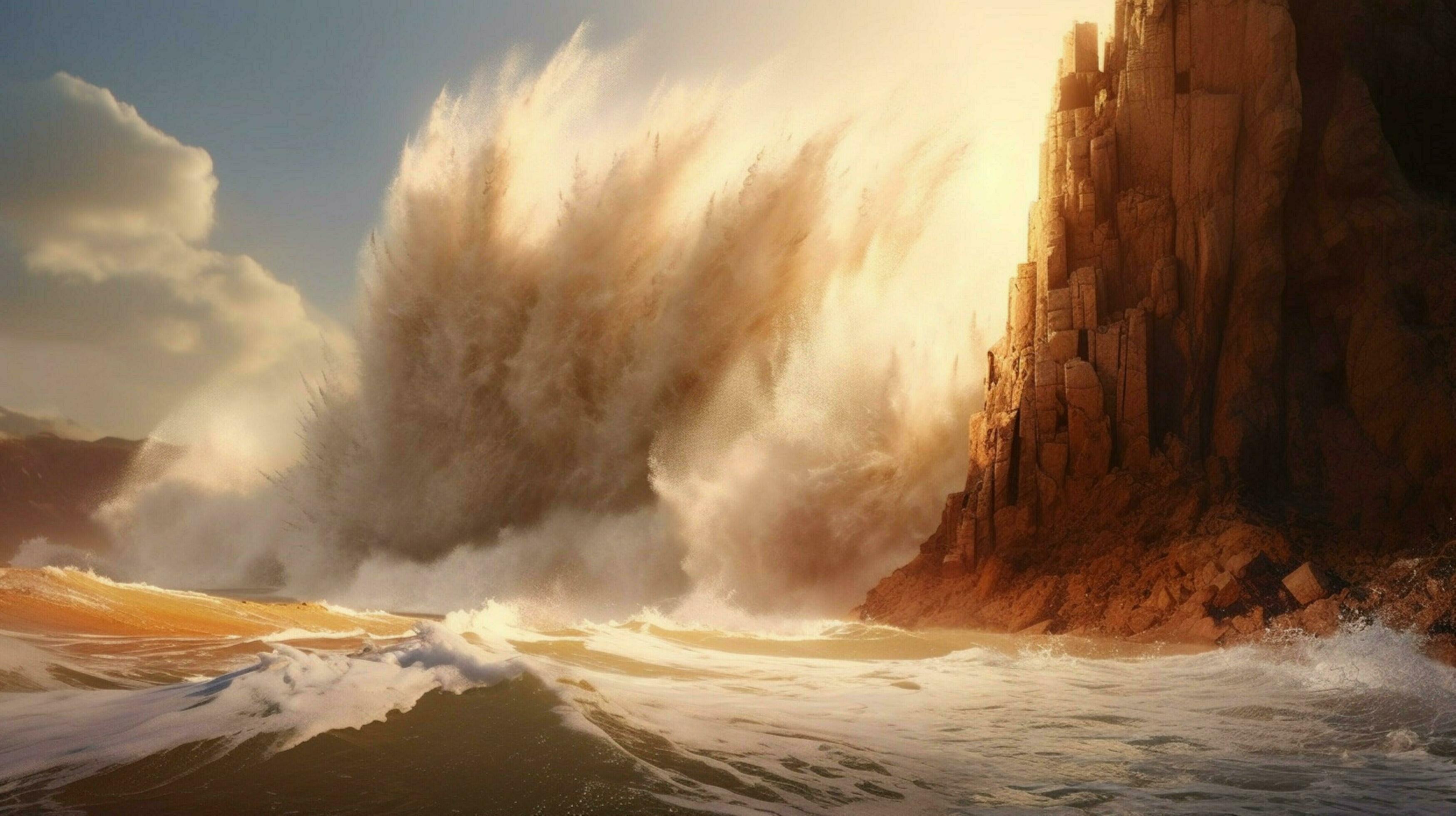 tsunami waves crash against towering cliff sendin 30654739 Stock Photo ...