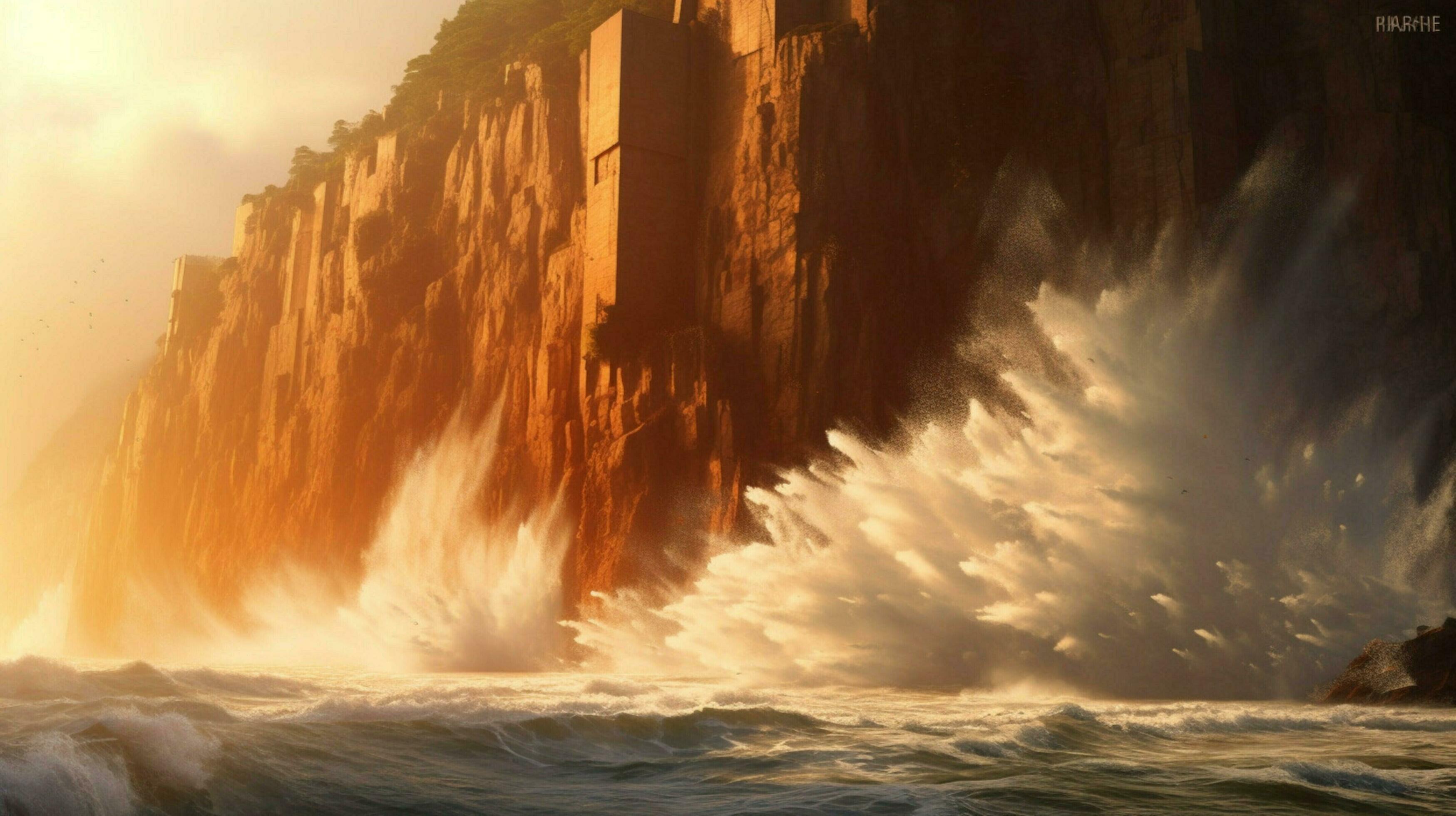 tsunami waves crash against towering cliff sendin 30654742 Stock Photo ...