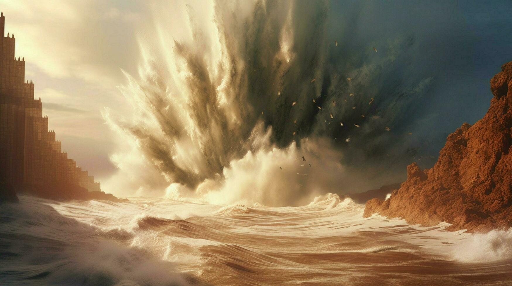 tsunami waves crash against towering cliff sendin 30654757 Stock Photo ...