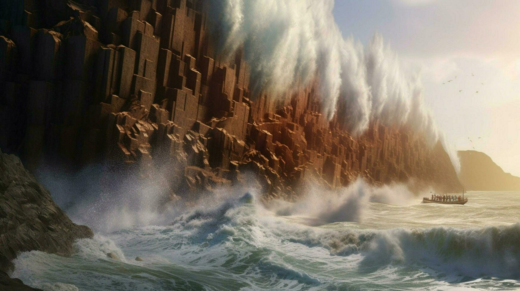 tsunami waves crash against towering cliff sendin 30654760 Stock Photo ...