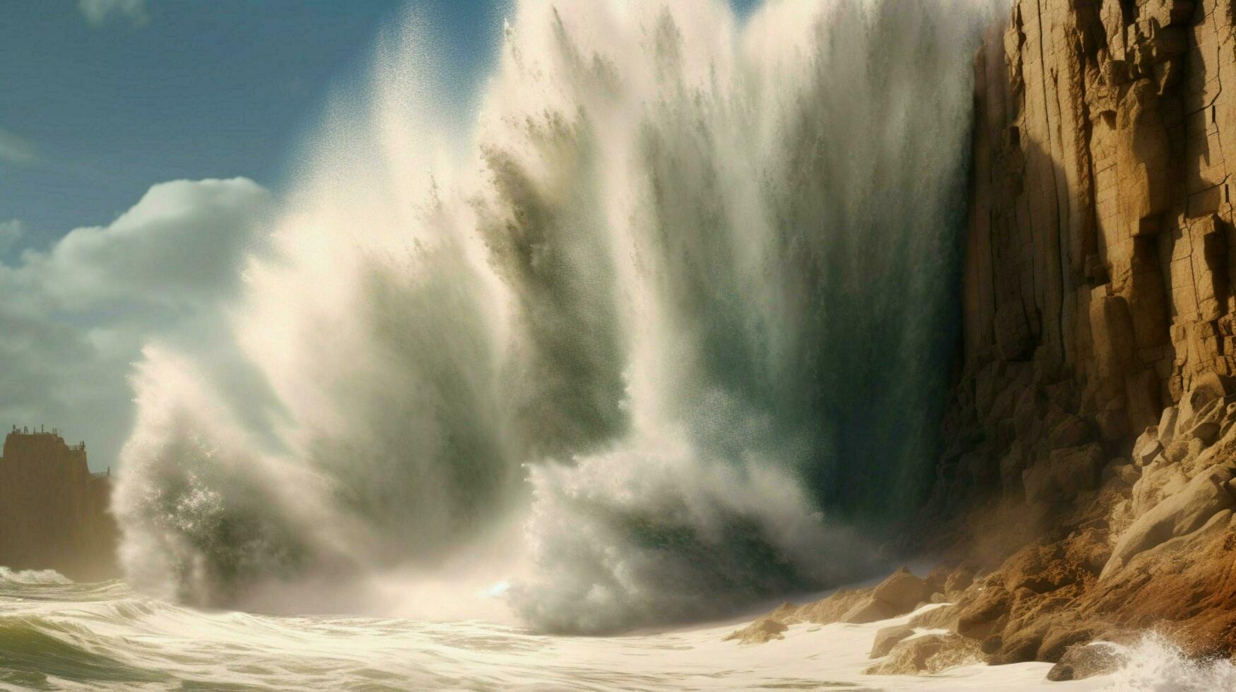 tsunami waves crash against towering cliff sendin 30654762 Stock Photo ...