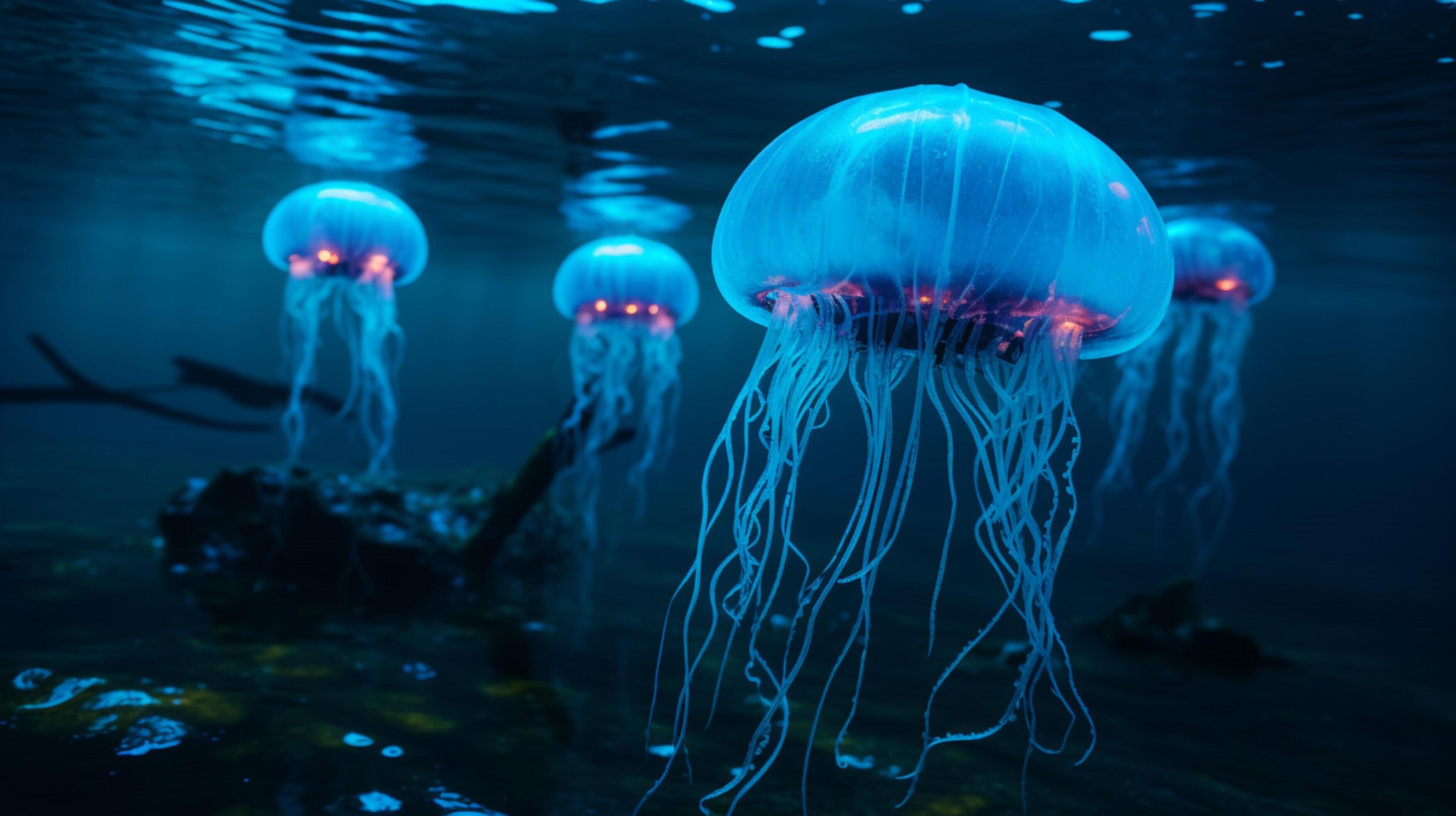 hd wallpaper neon glowing azure jellyfish frozen 30668867 Stock Photo at Vecteezy
