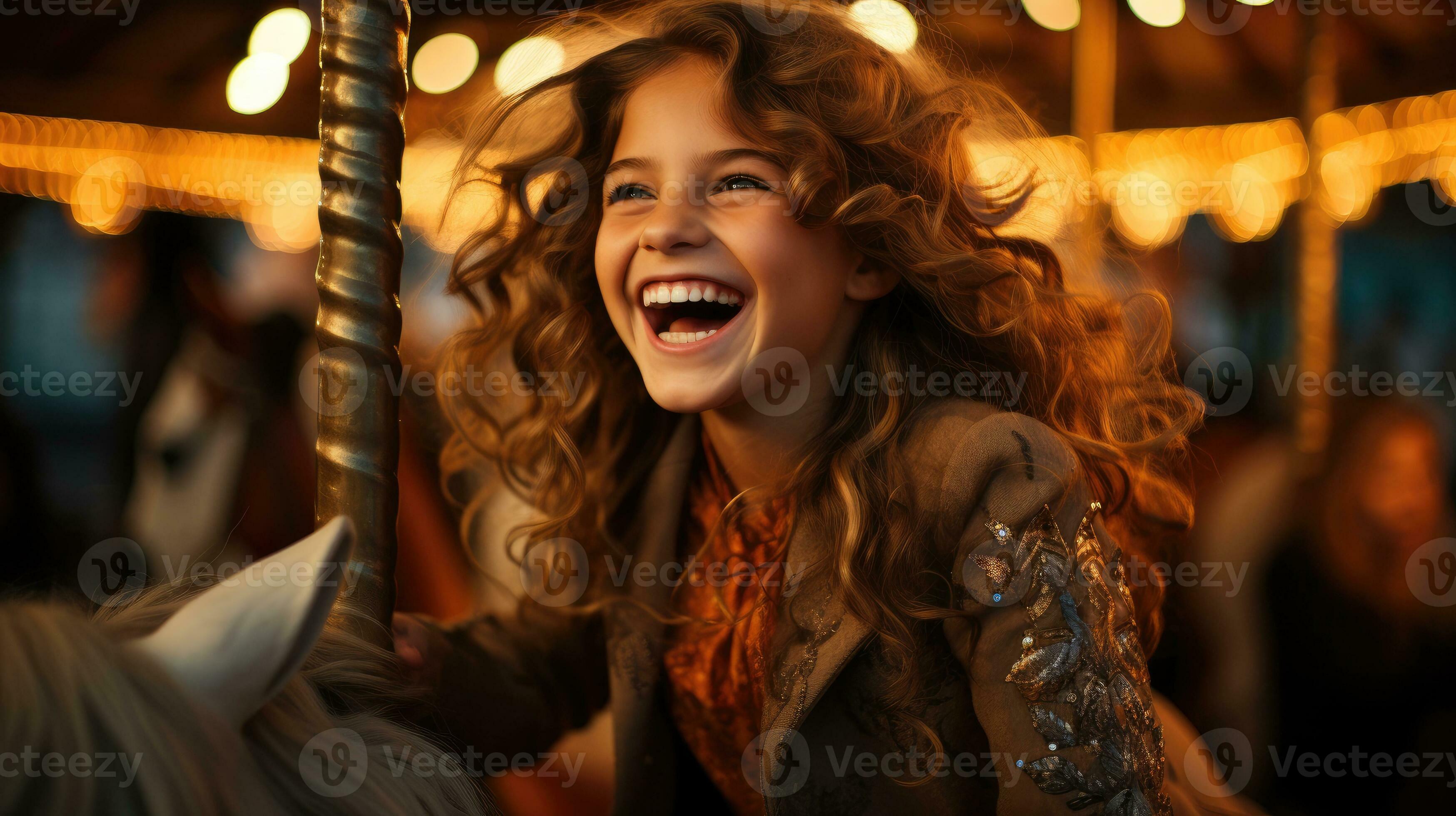The Joy Of A Young Girl Riding A Moving Merry Go Round Generative Ai