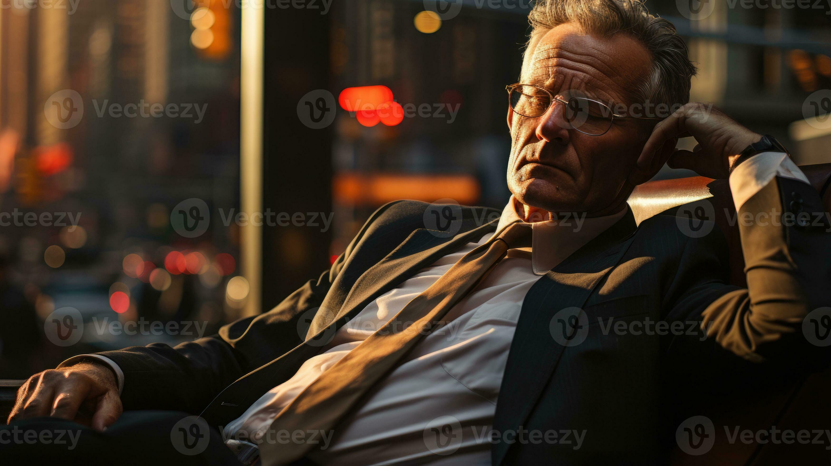 A tired executive escaping the noisy office environment and resting in ...