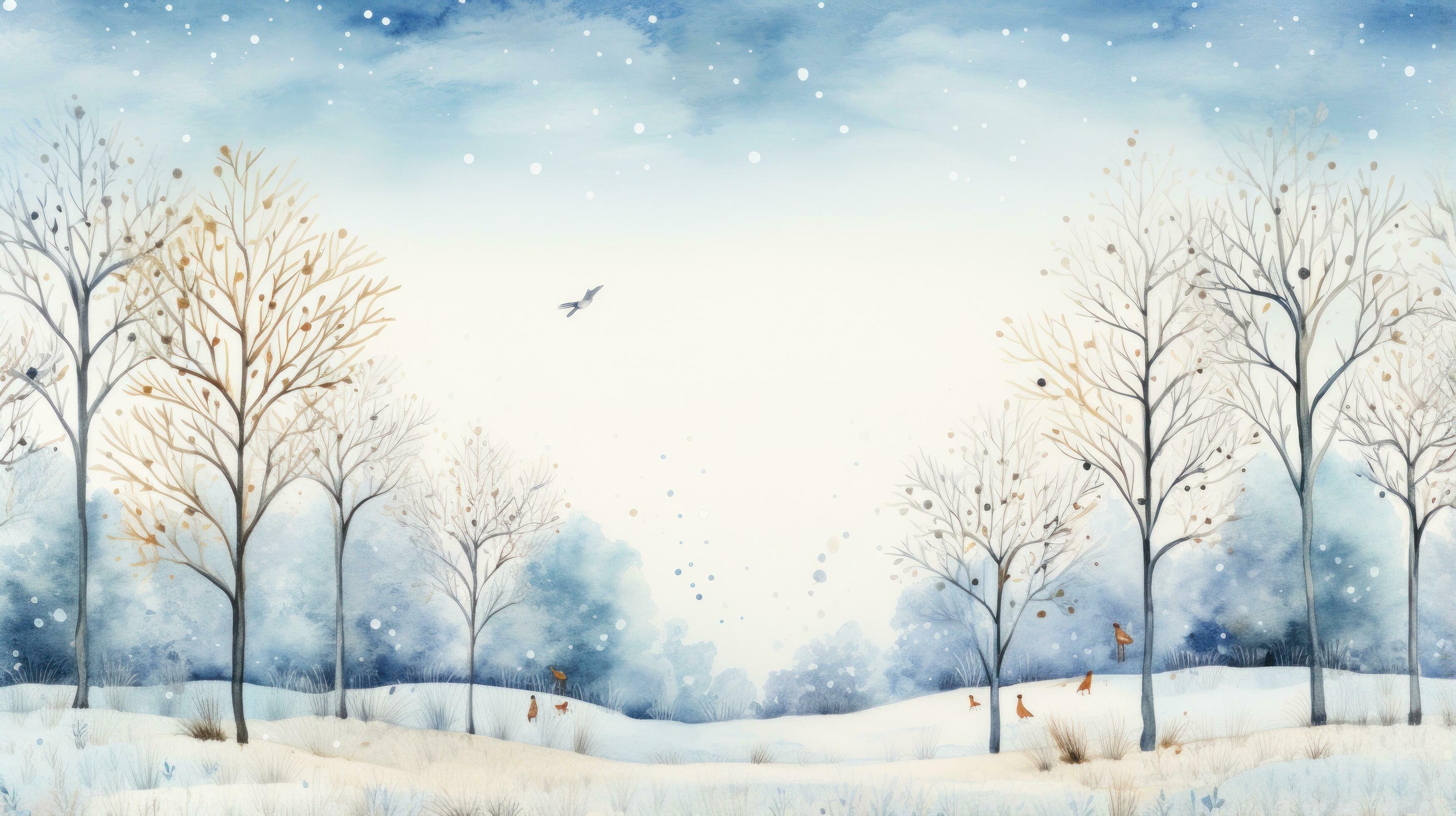 Whimsical winter scene with hand-drawn trees and a watercolor frame ...