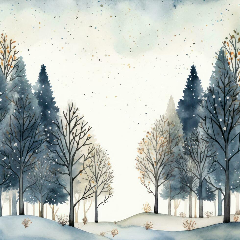 Whimsical winter scene with hand-drawn trees and a watercolor frame ...