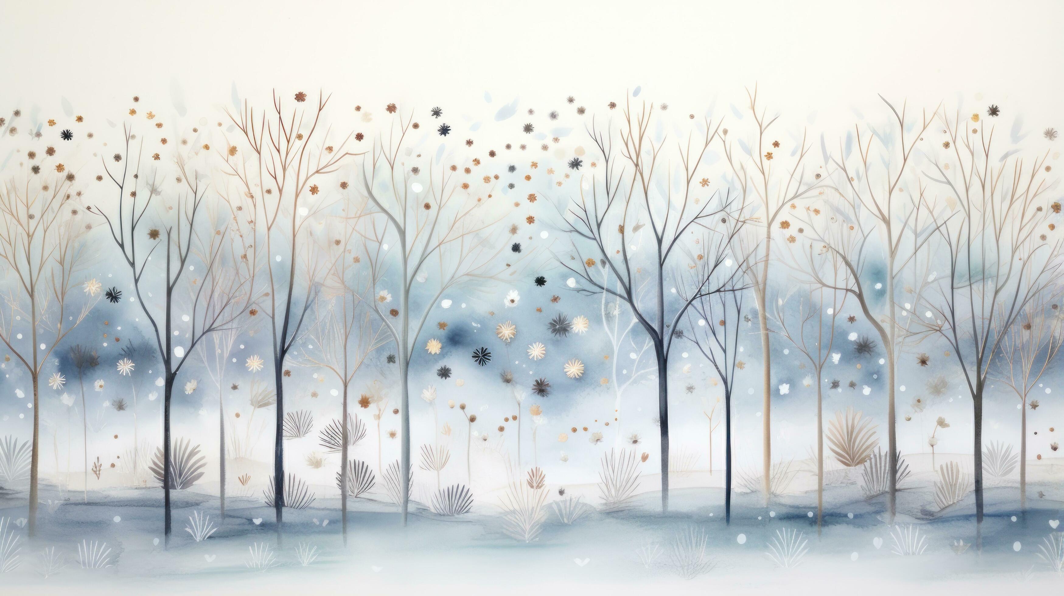Whimsical winter scene with hand-drawn trees and a watercolor frame ...