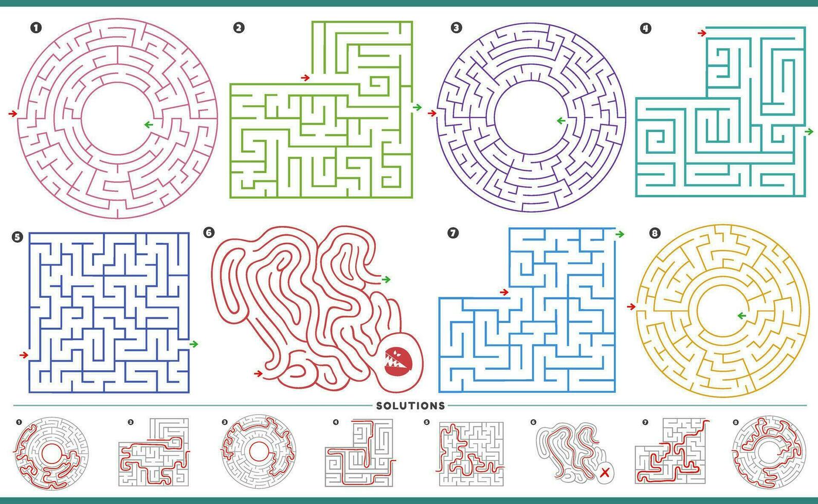 Maze Puzzle Activities Graphs Set With Solutions 30711634 Vector Art At