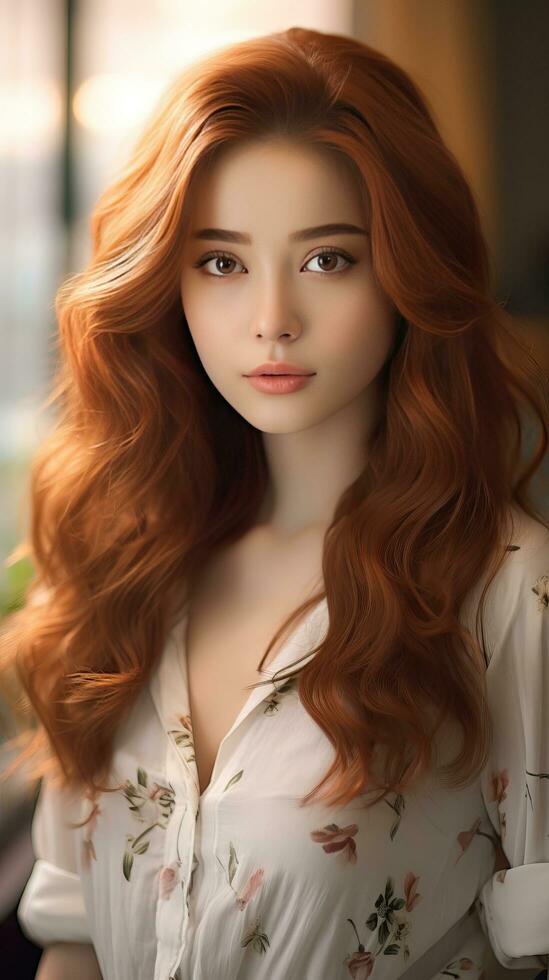 Beautiful asian girl with red hair. Generative AI 30712003 Stock Photo at Vecteezy