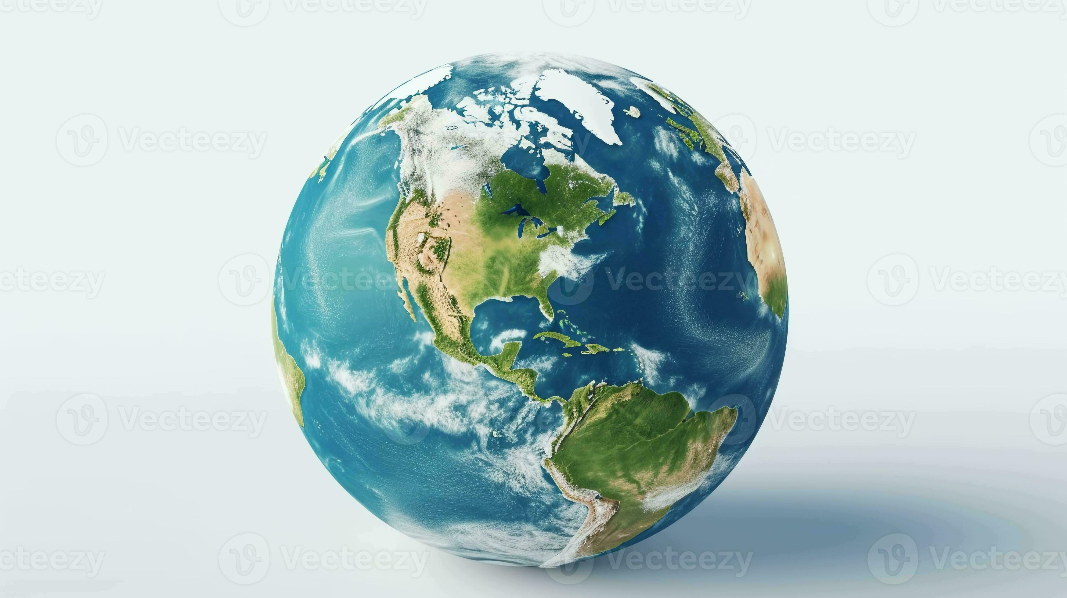 Realistic 3D Earth Render. A detailed globe on a clean white backdrop ...