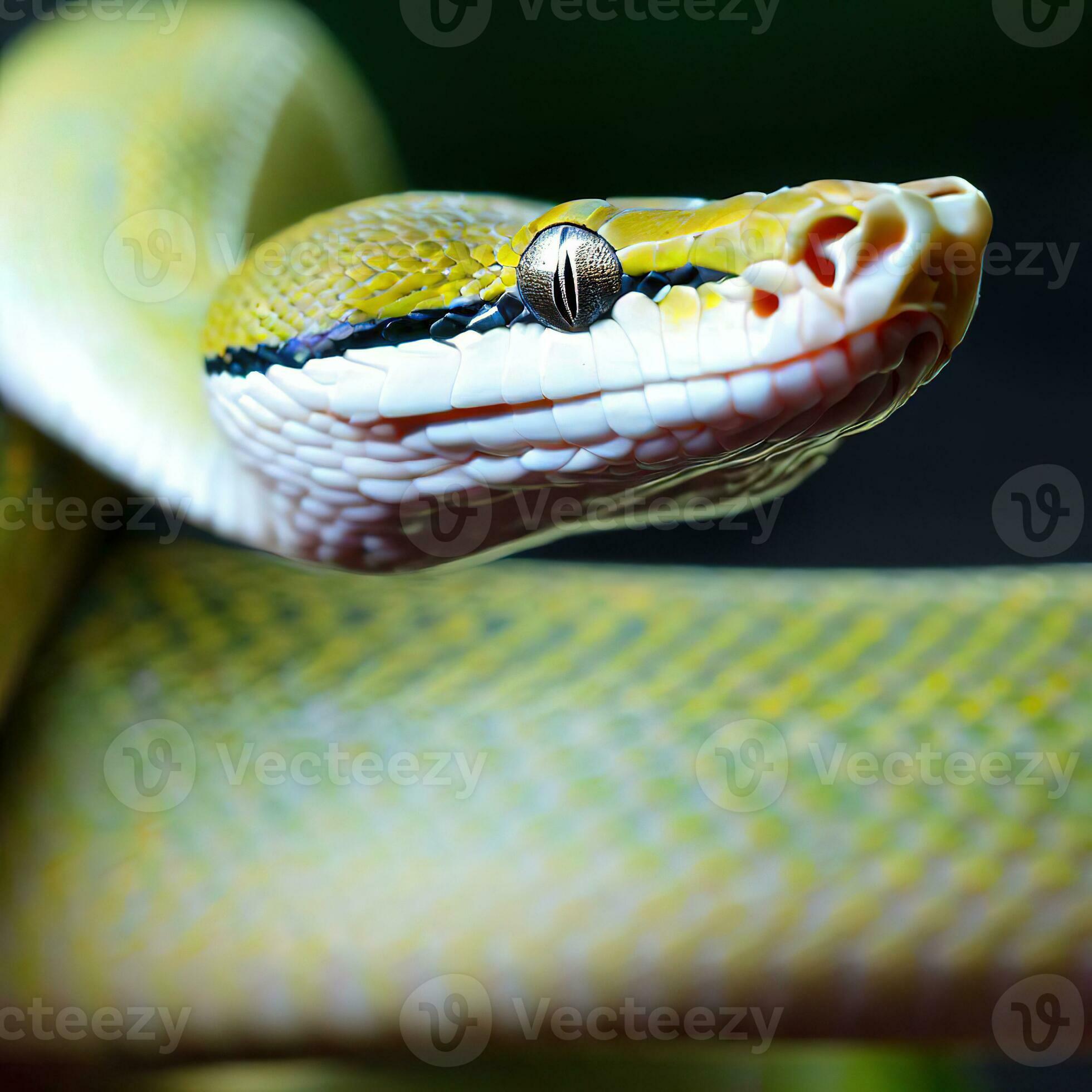 A close-up view of the Green Tree Python showcases its vivid green ...