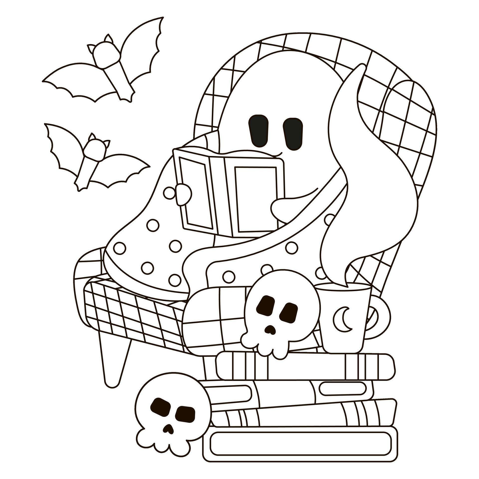 Halloween cozy coloring page with ghost character sitting in armchairs ...