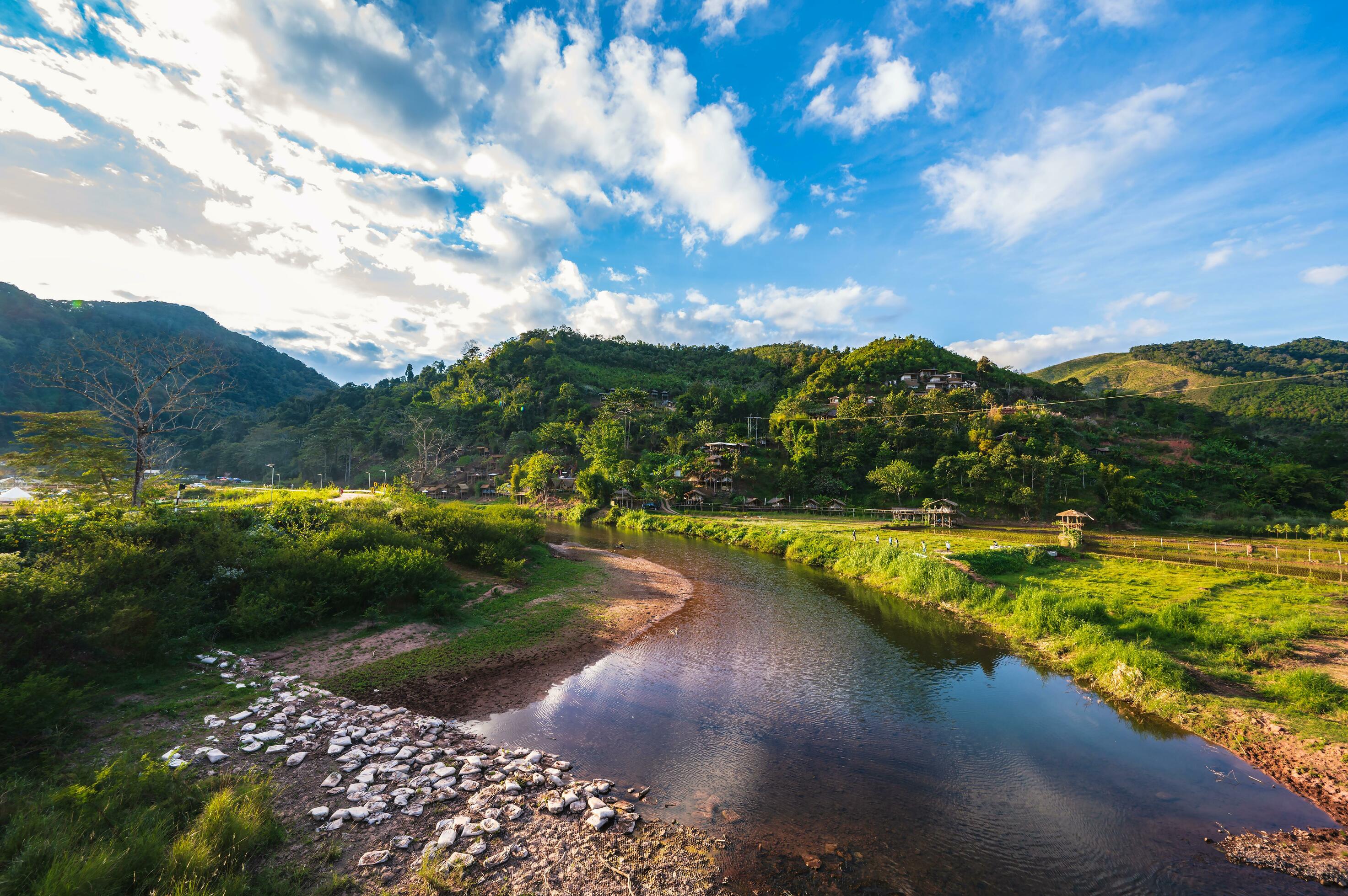 Landscape view of mountains and river of Sapan Village At nan Thailand.Sapan is Small and ...
