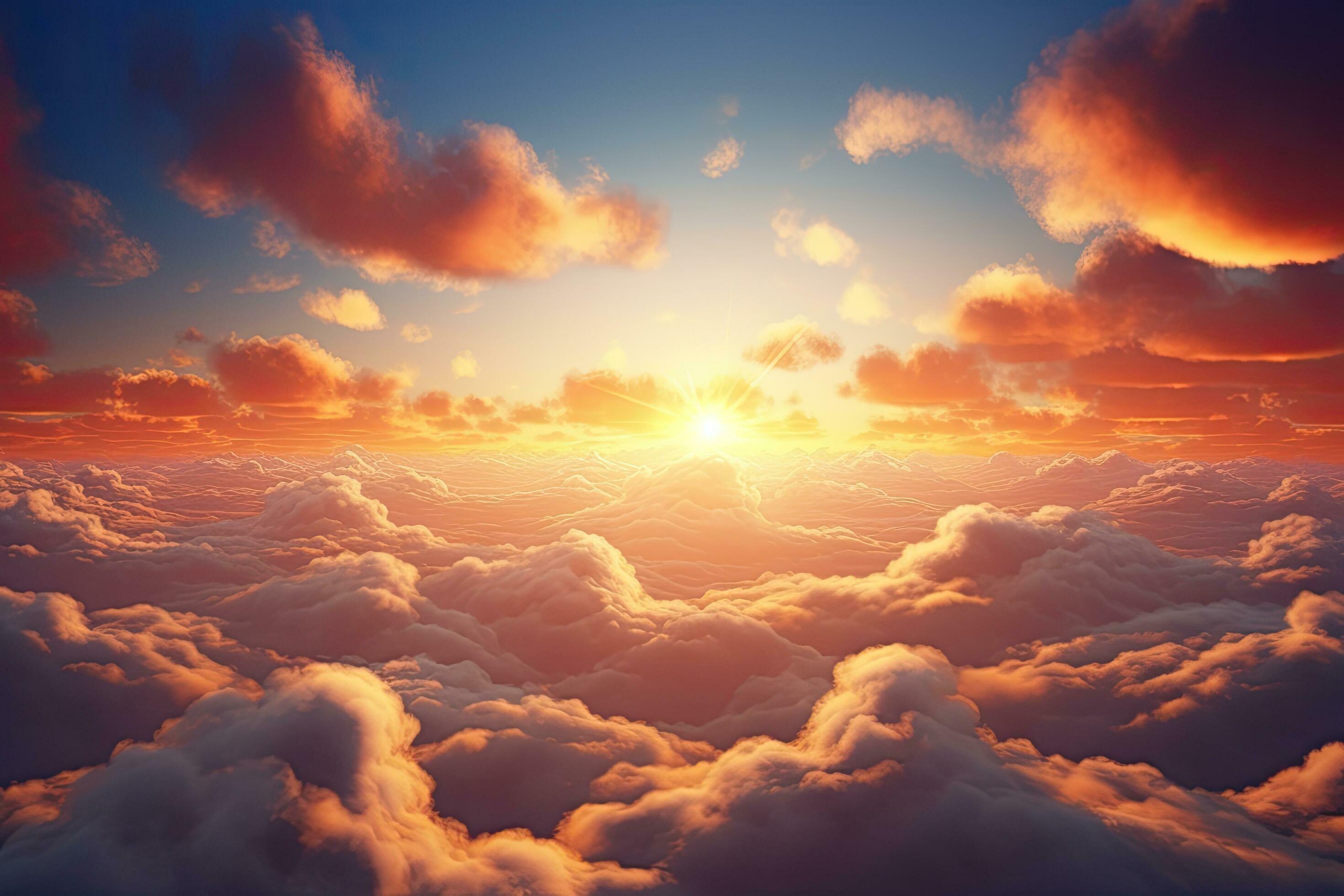 Beautiful aerial view above clouds at sunset. 3d render illustration, beautiful sunset in the ...