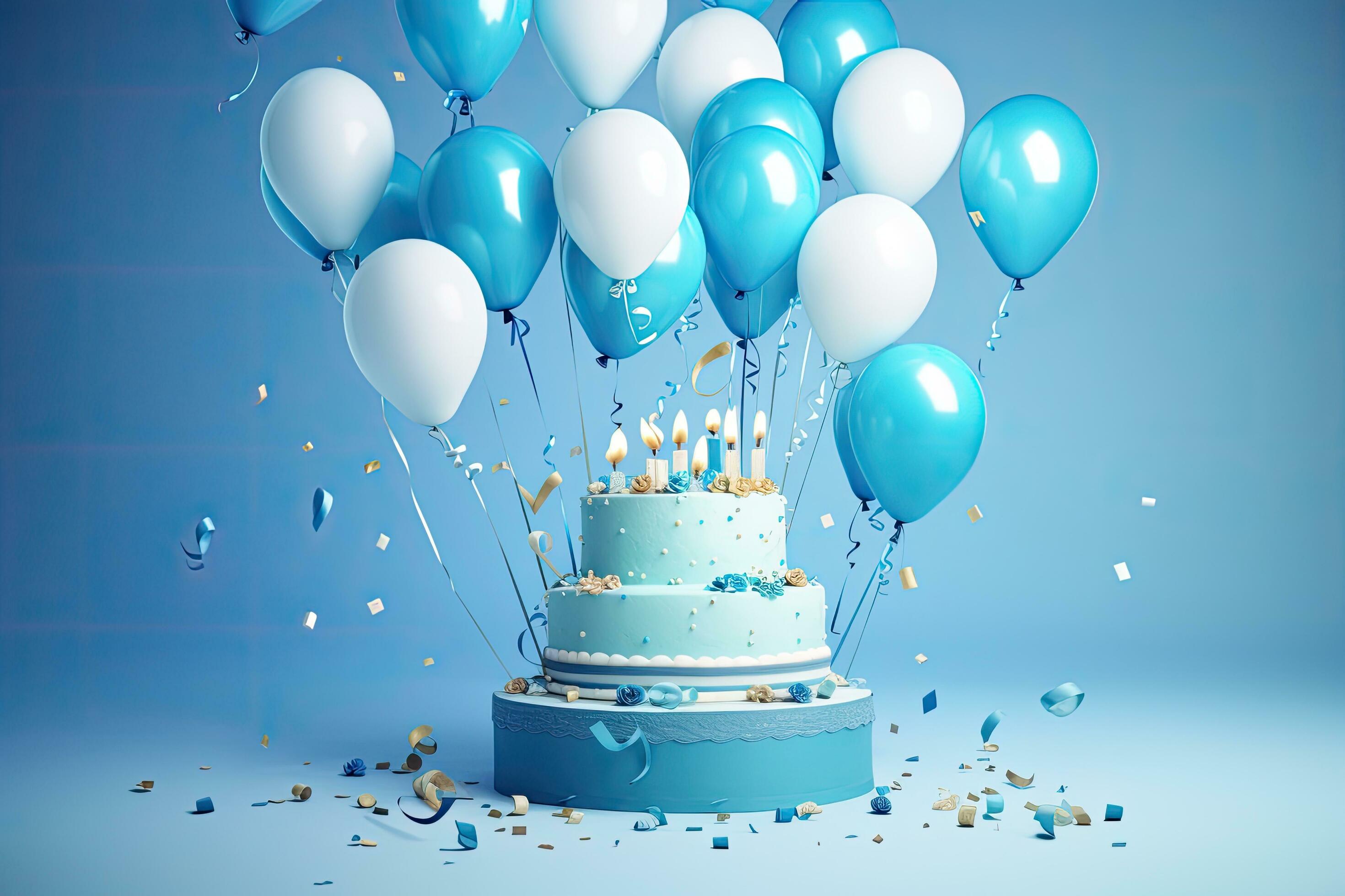 Blue birthday cake with candles and balloons on blue background. 3D Rendering, Birthday cake ...