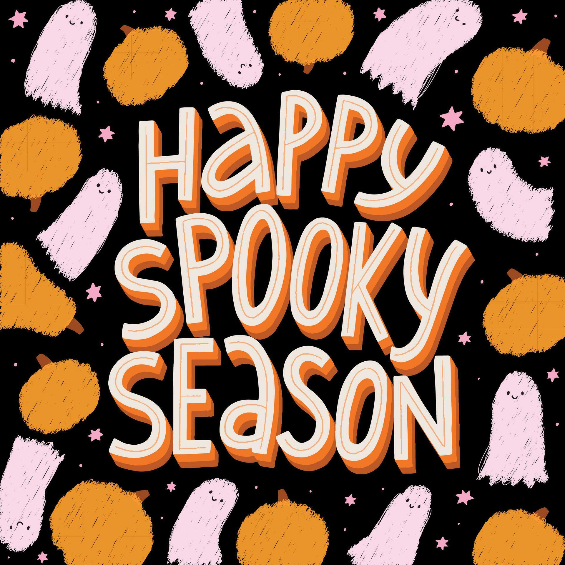 Halloween lettering quote 'Happy Spooky Season' decorated with drawin ...