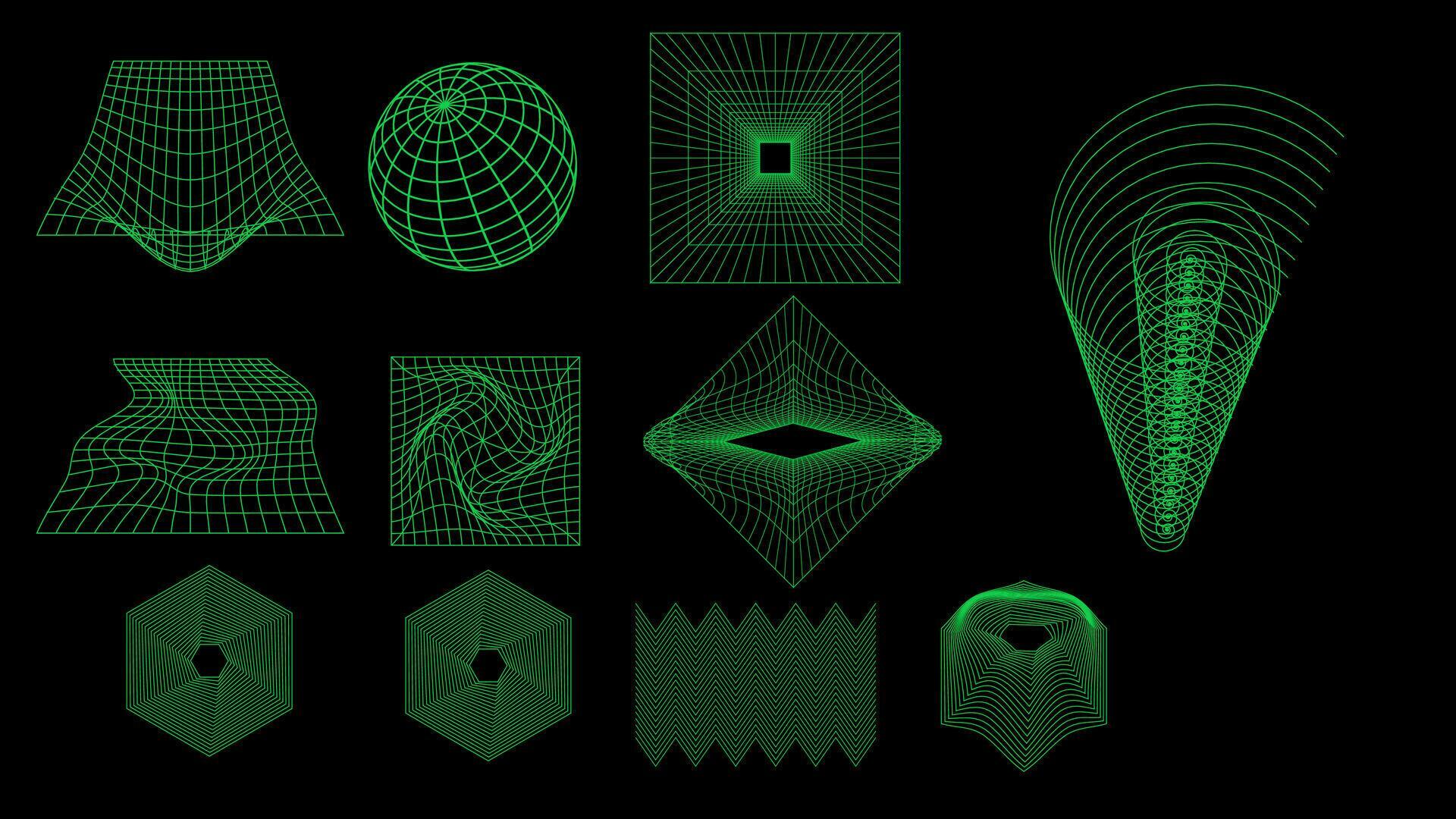 Set of Vector Y2K Wireframe elements. grid lines in green. wireframe 00s, 80s or 90s style ...