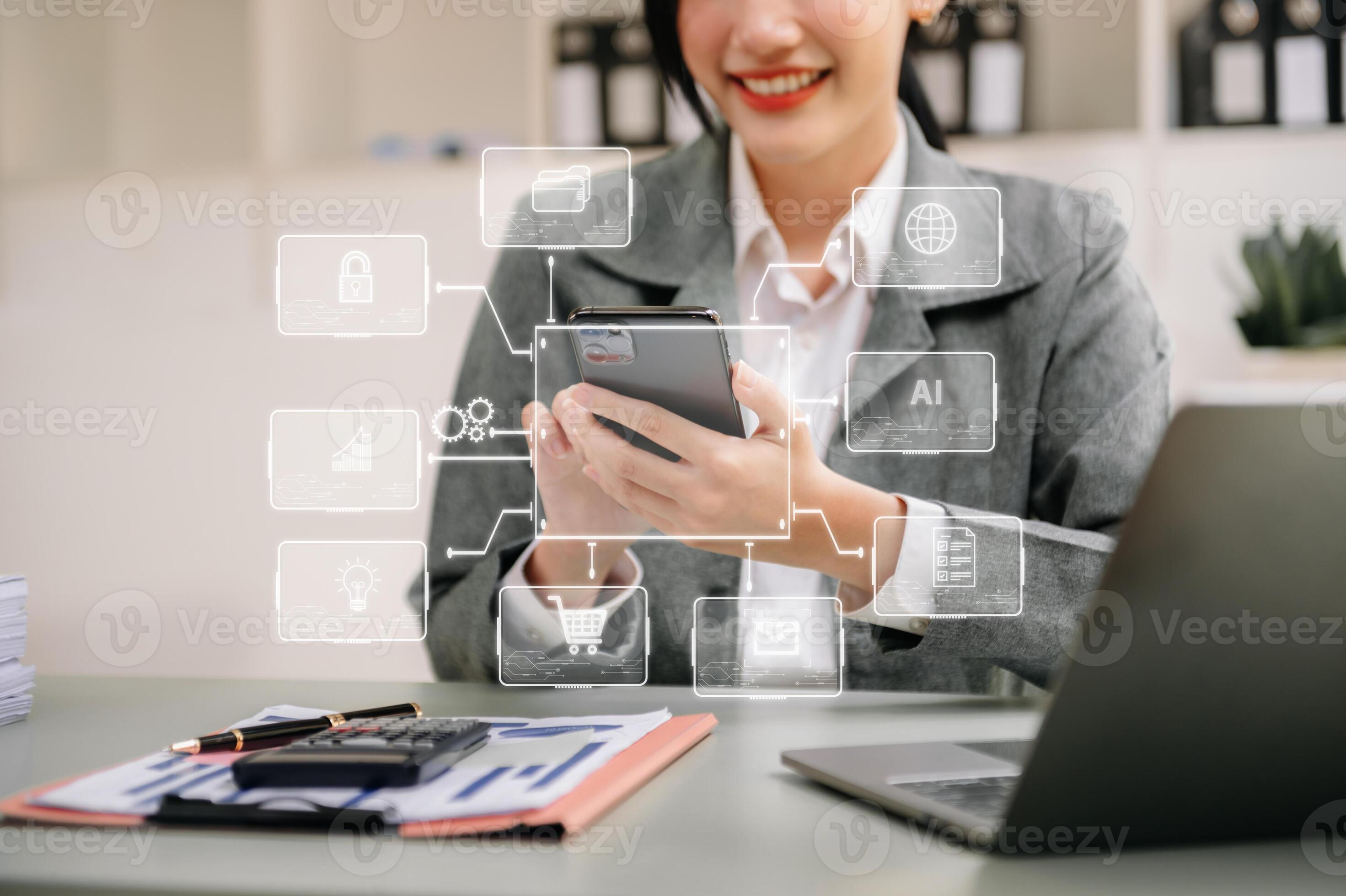 Coding software developer work with augmented reality dashboard computer icons with responsive ...
