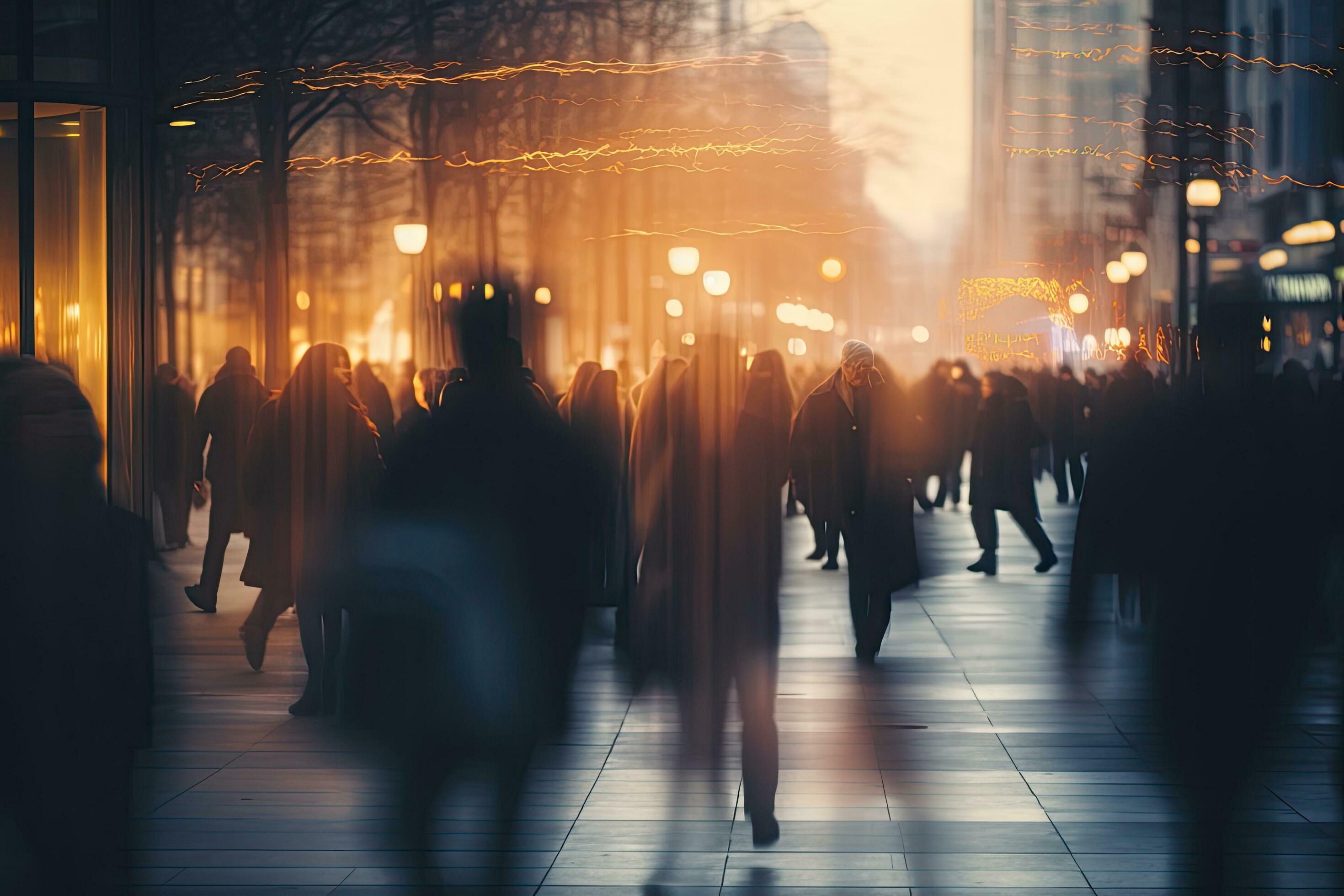 Crowd Of People Walking In The City At Night Motion Blur Blurred