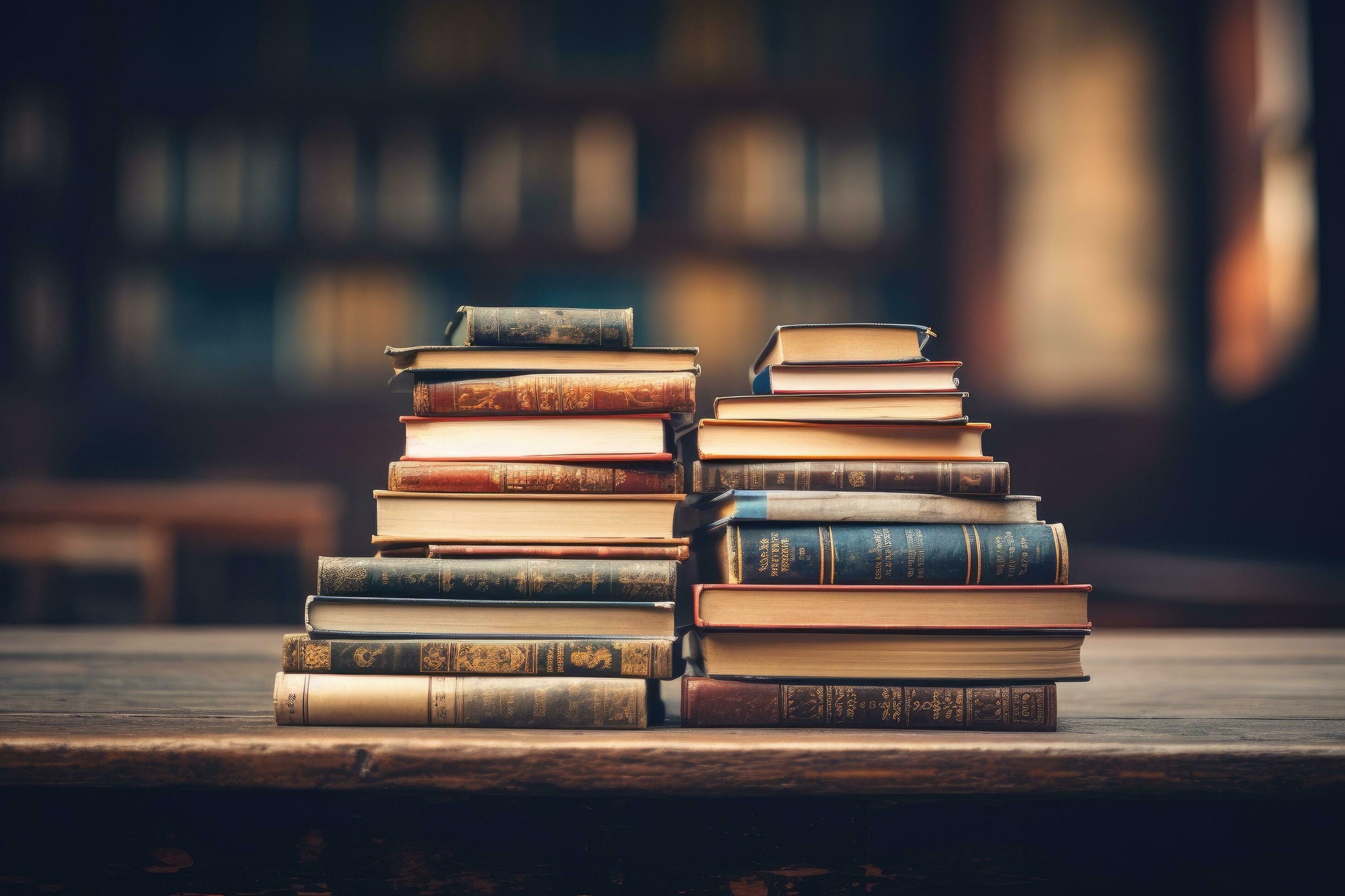 Old books on a wooden table in the library. Selective focus, book stack ... Old books on a wooden table in the library. Selective focus, book stack ...
