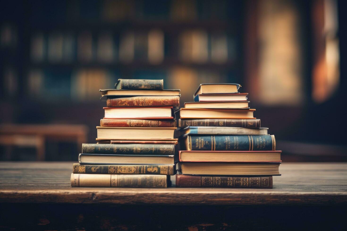 Old books on a wooden table in the library. Selective focus, book stack with ladder on sky with ...