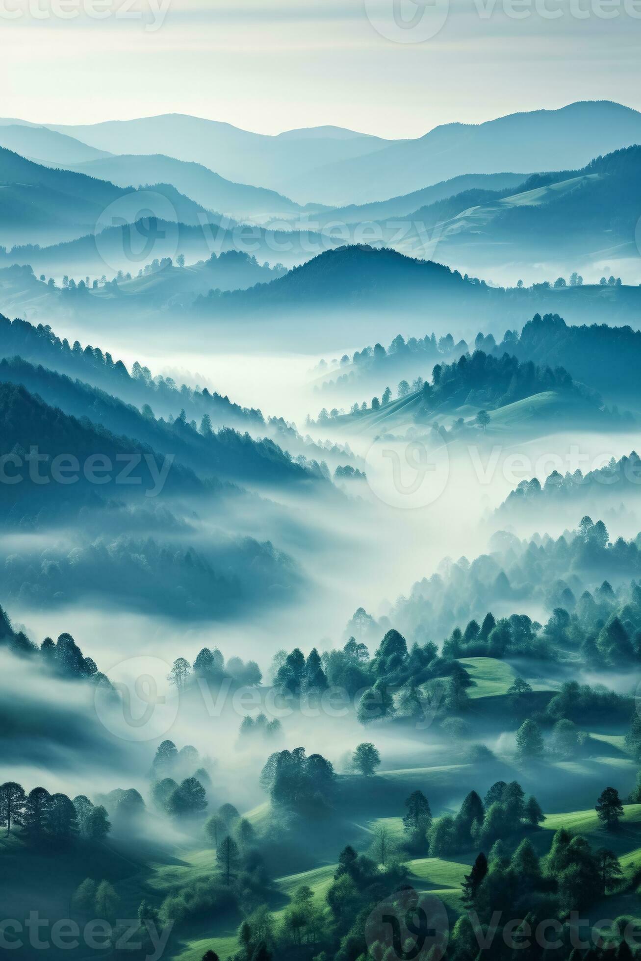 Dreamy purgatory landscapes enveloped in morning mists background with ...