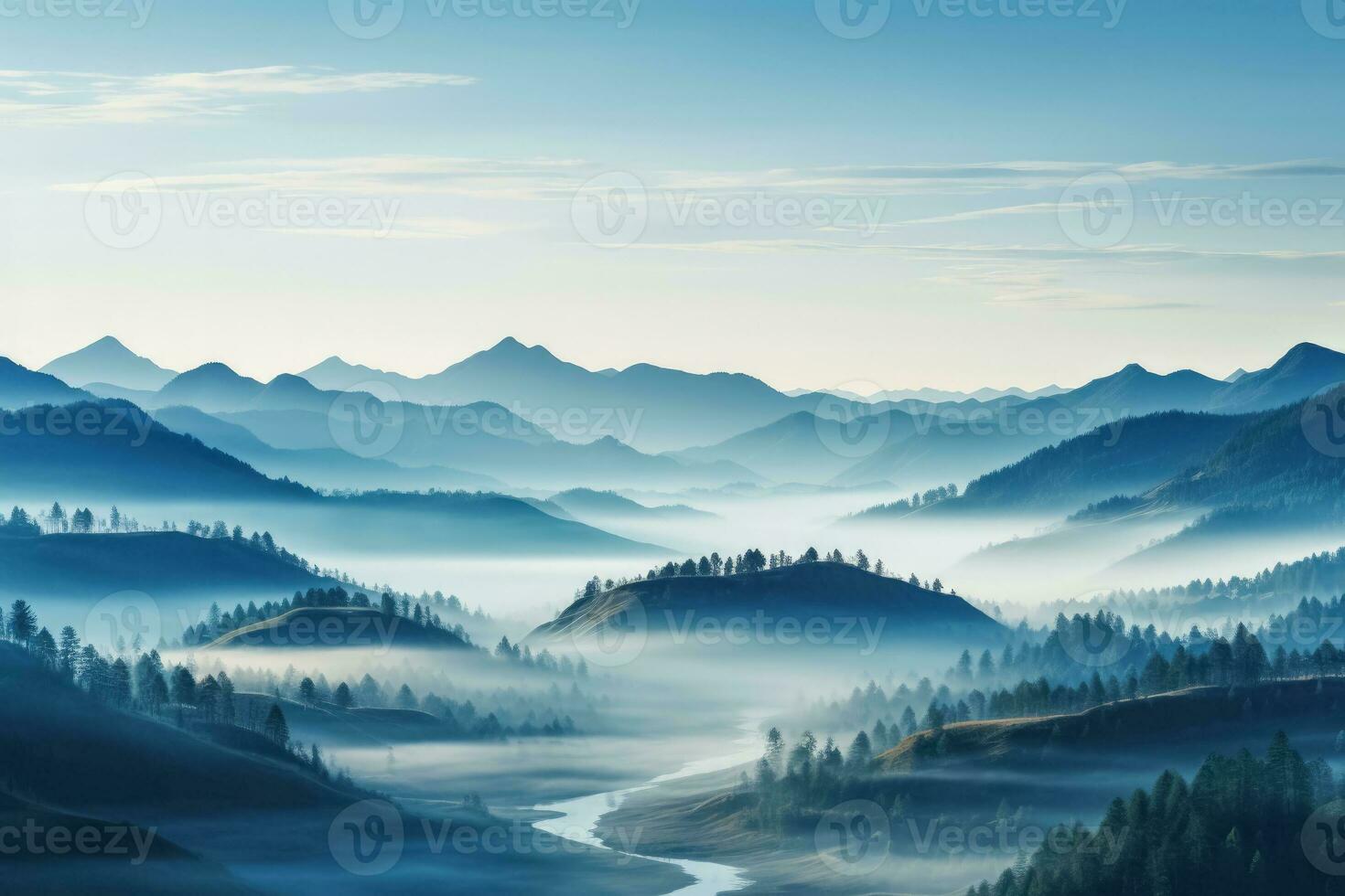 Dreamy purgatory landscapes enveloped in morning mists background with ...