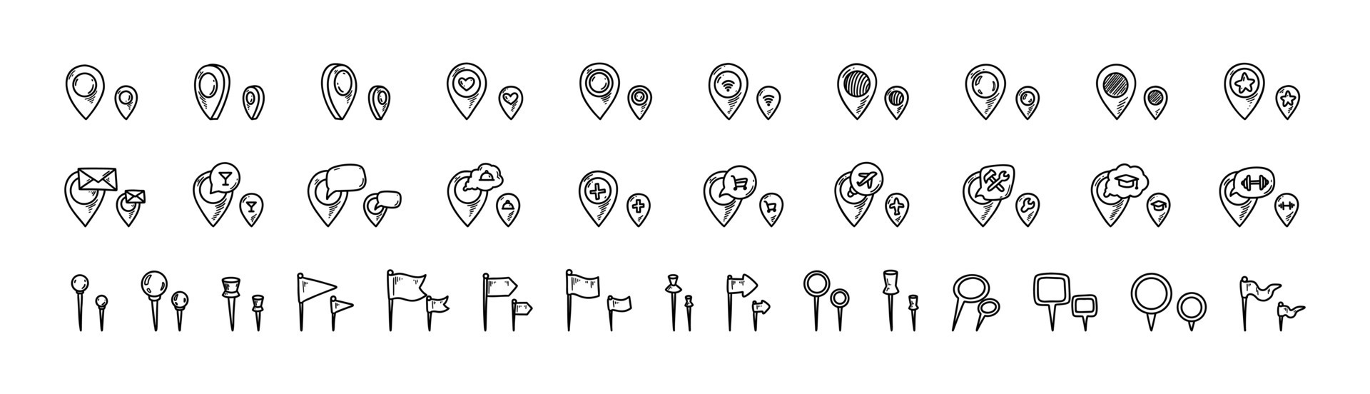 Navigation Pinpoint Location Map Pins Doodle Sketch Vector Illustration Big Set Of Hand Drawn