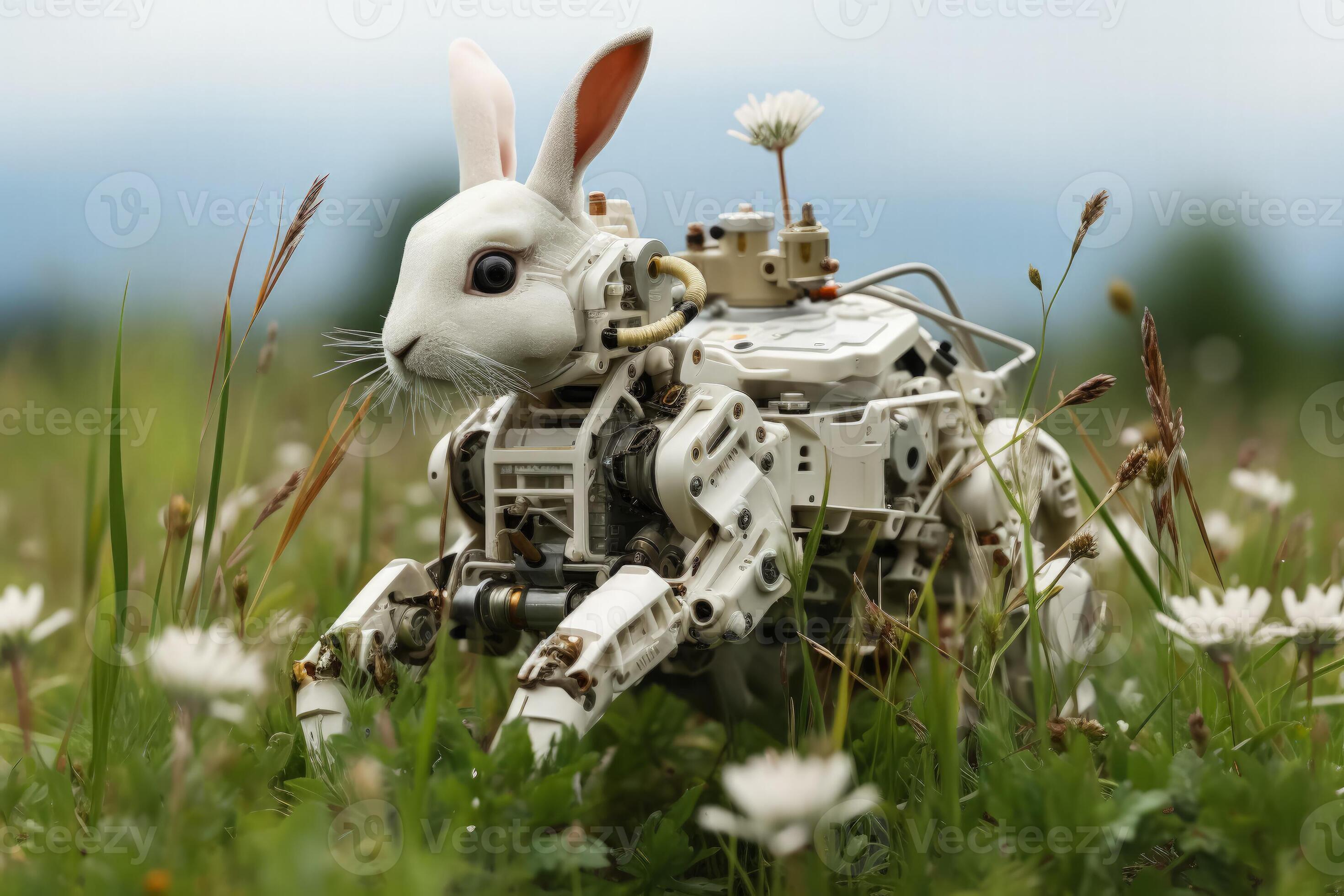 Grassland monitoring robotic rabbit unit in mid jump isolated on a ...