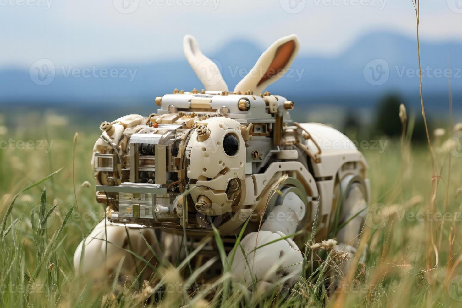 Grassland monitoring robotic rabbit unit in mid jump isolated on a ...
