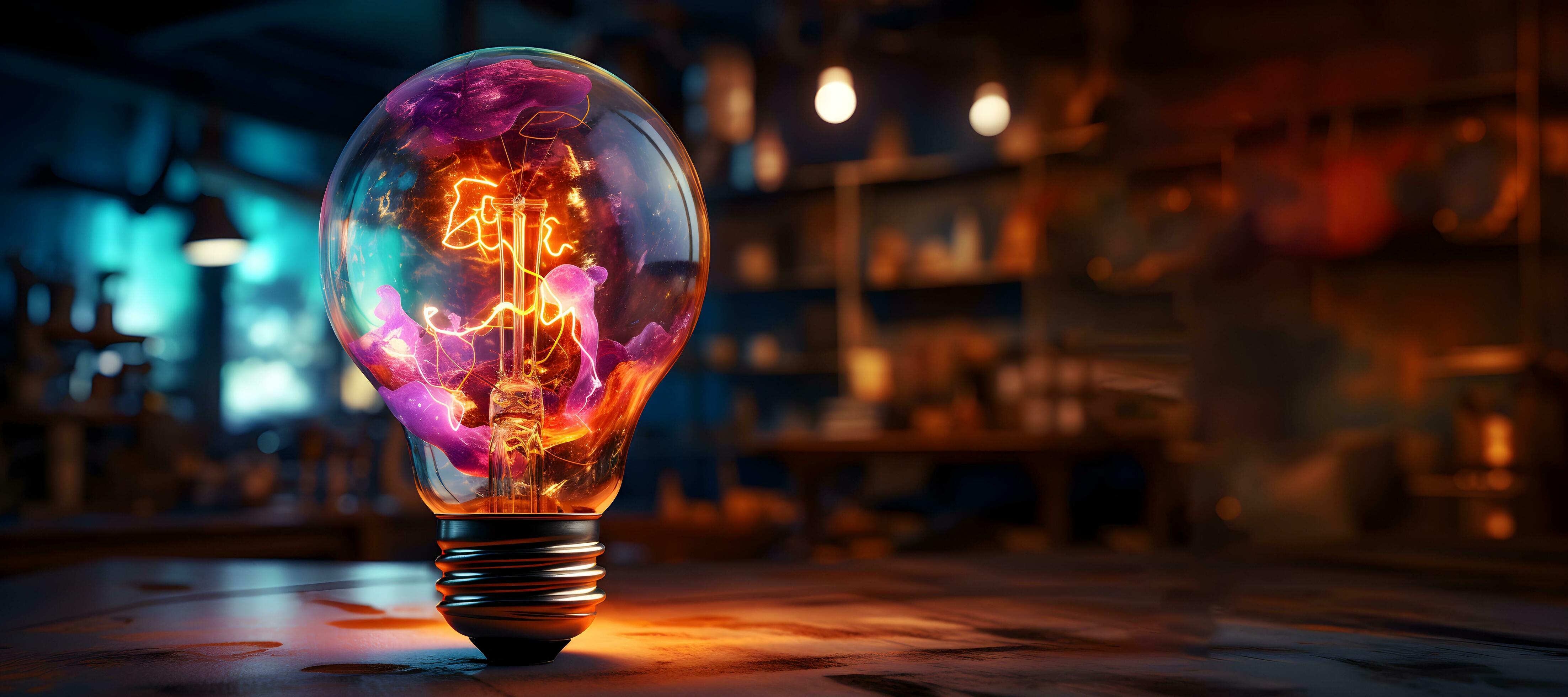 Creative light bulb explodes with colorful paint and splashes on a dark ...