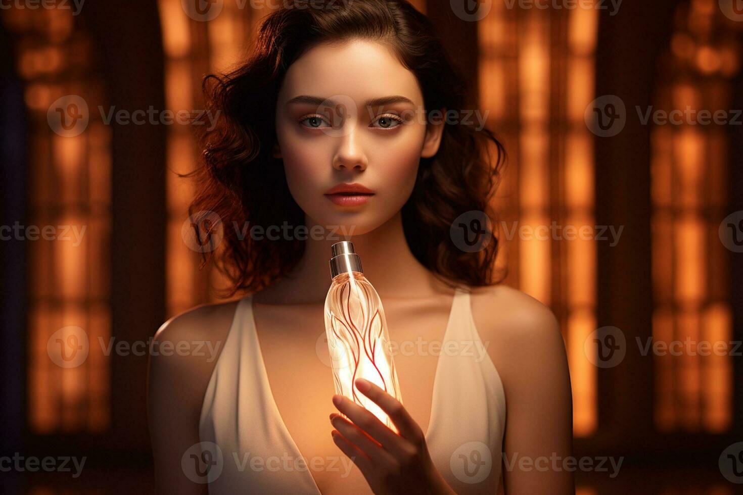 Beautiful woman holds perfume for advertising on bright background ...