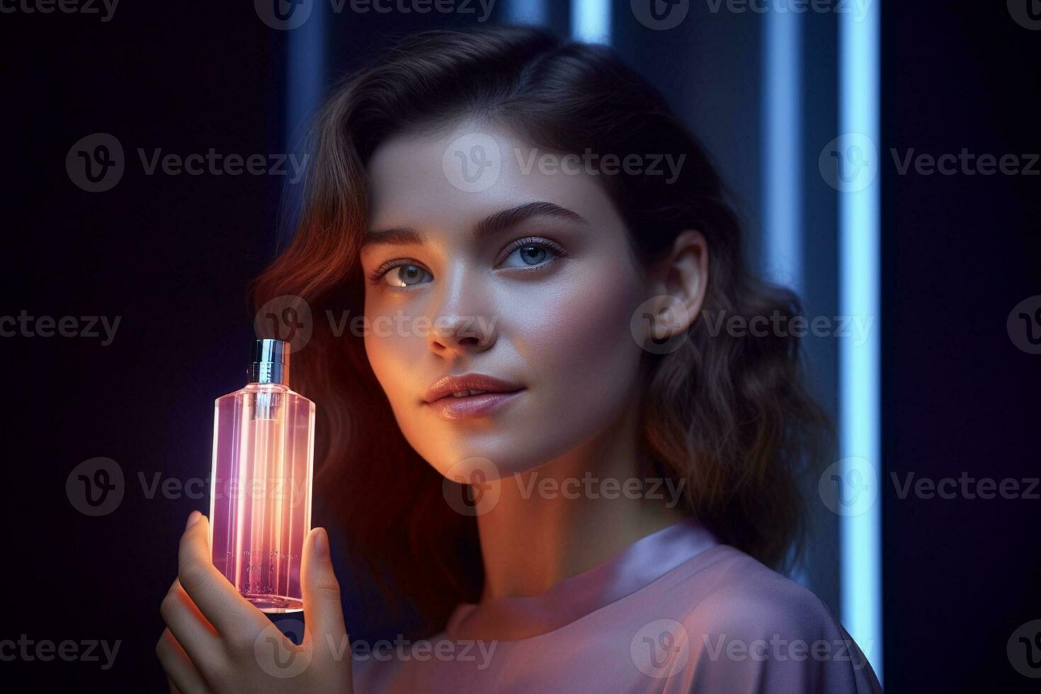 Beautiful woman holds perfume for advertising on bright background ...