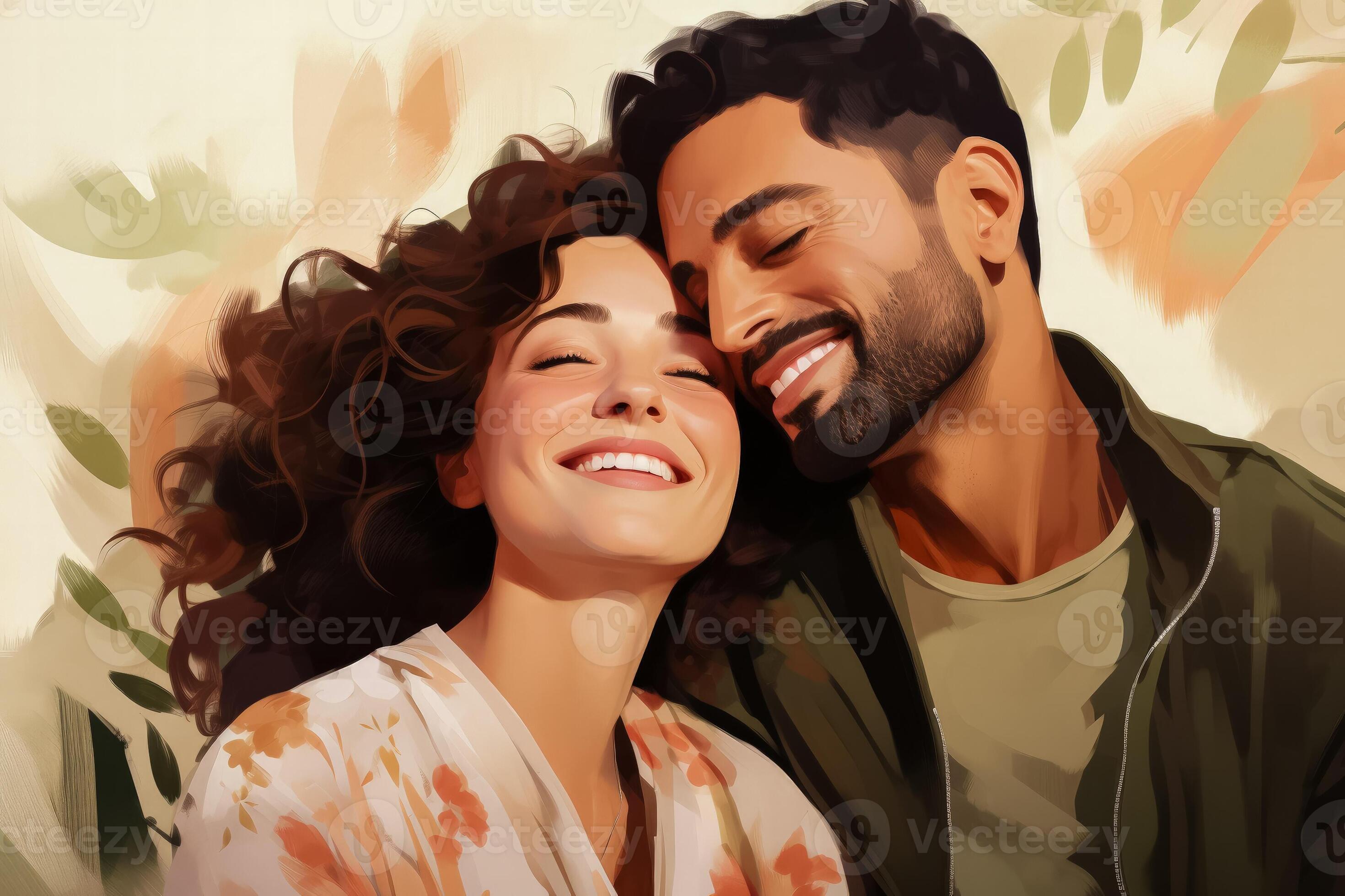 Happy Biracial Couple Husband And Wife Embracing Affectionately In A