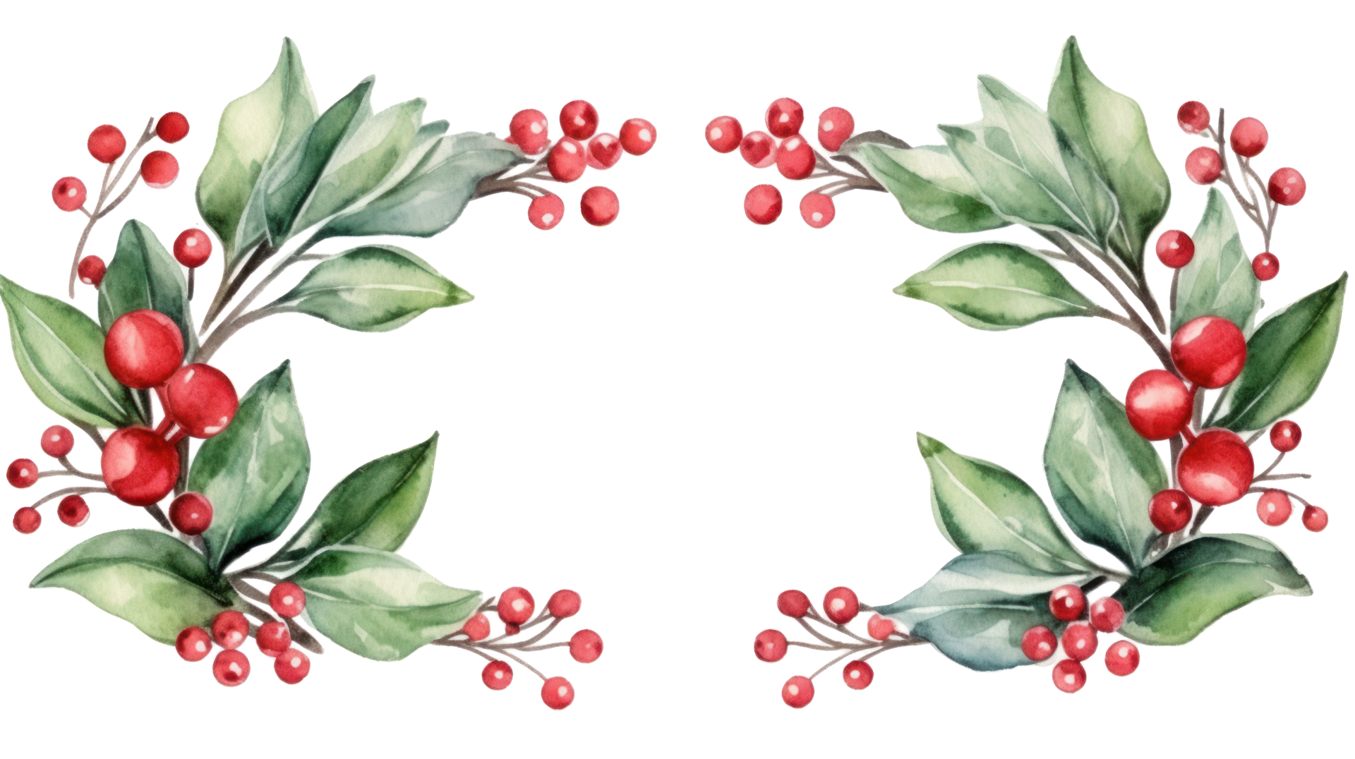 Watercolor mistletoe wreath with red berries and a wooden frame ...