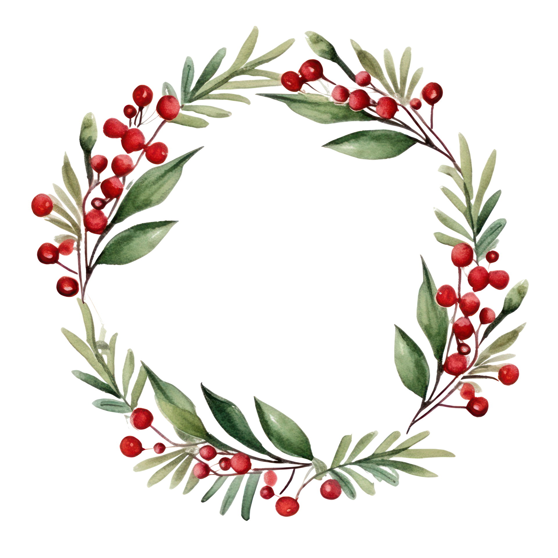 Festive watercolor Christmas wreath with red berries and a frame ...