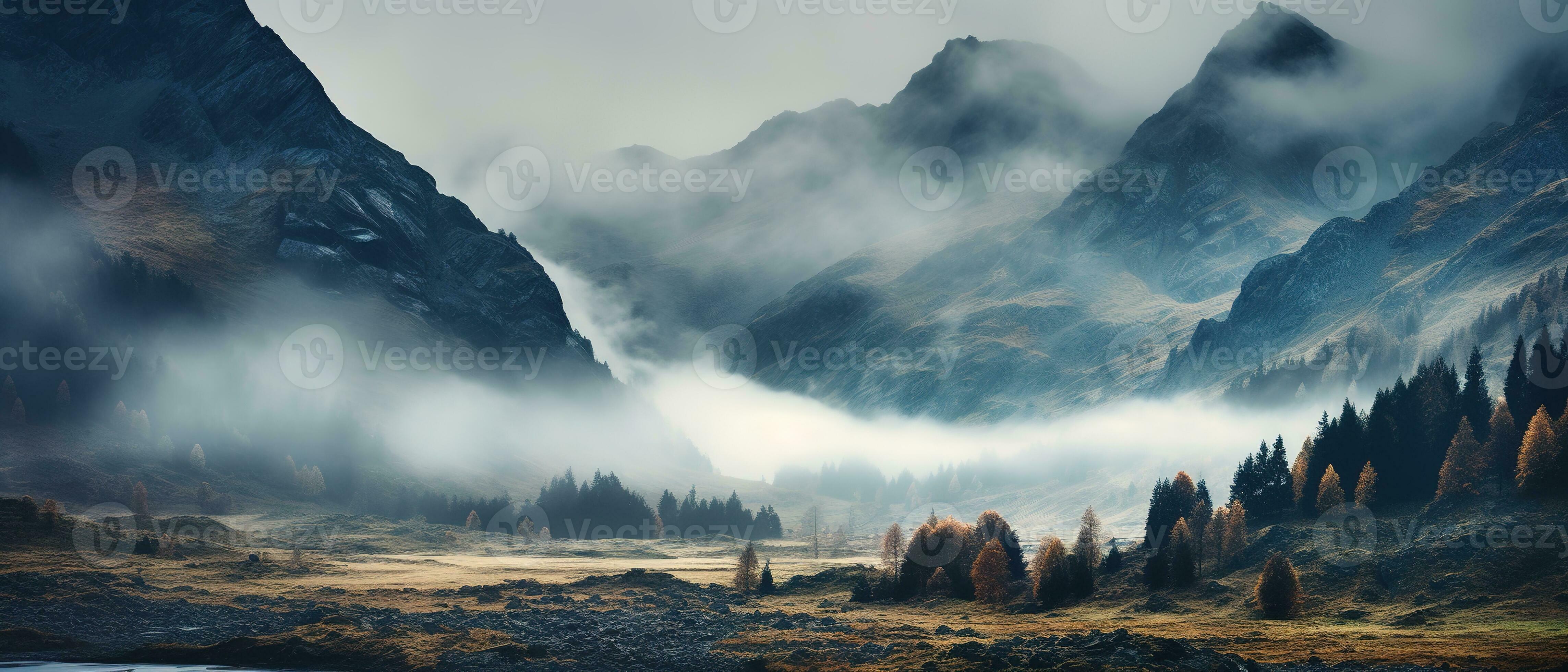 Spooky autumn mountains covered in fog, creating a mysterious and eerie atmosphere. Generative ...