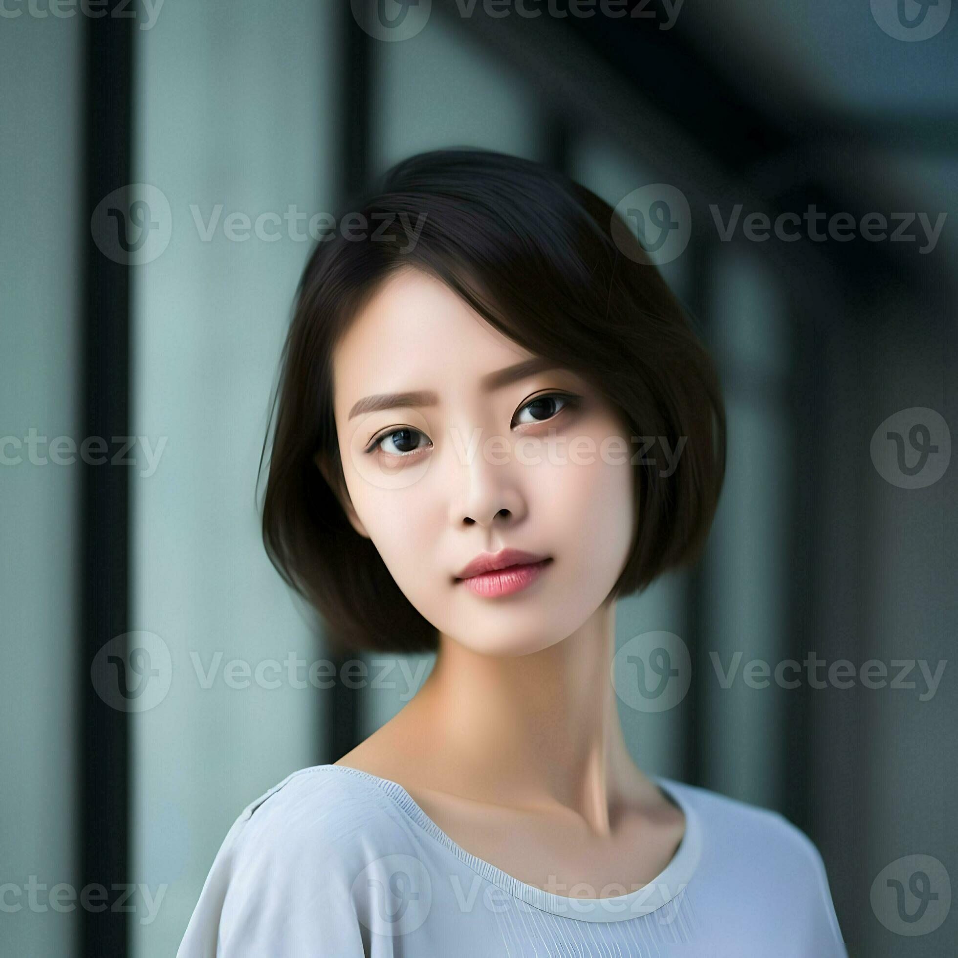 Asian Woman Short Hair With Perfect Clean Fresh Skin High Quality Ai