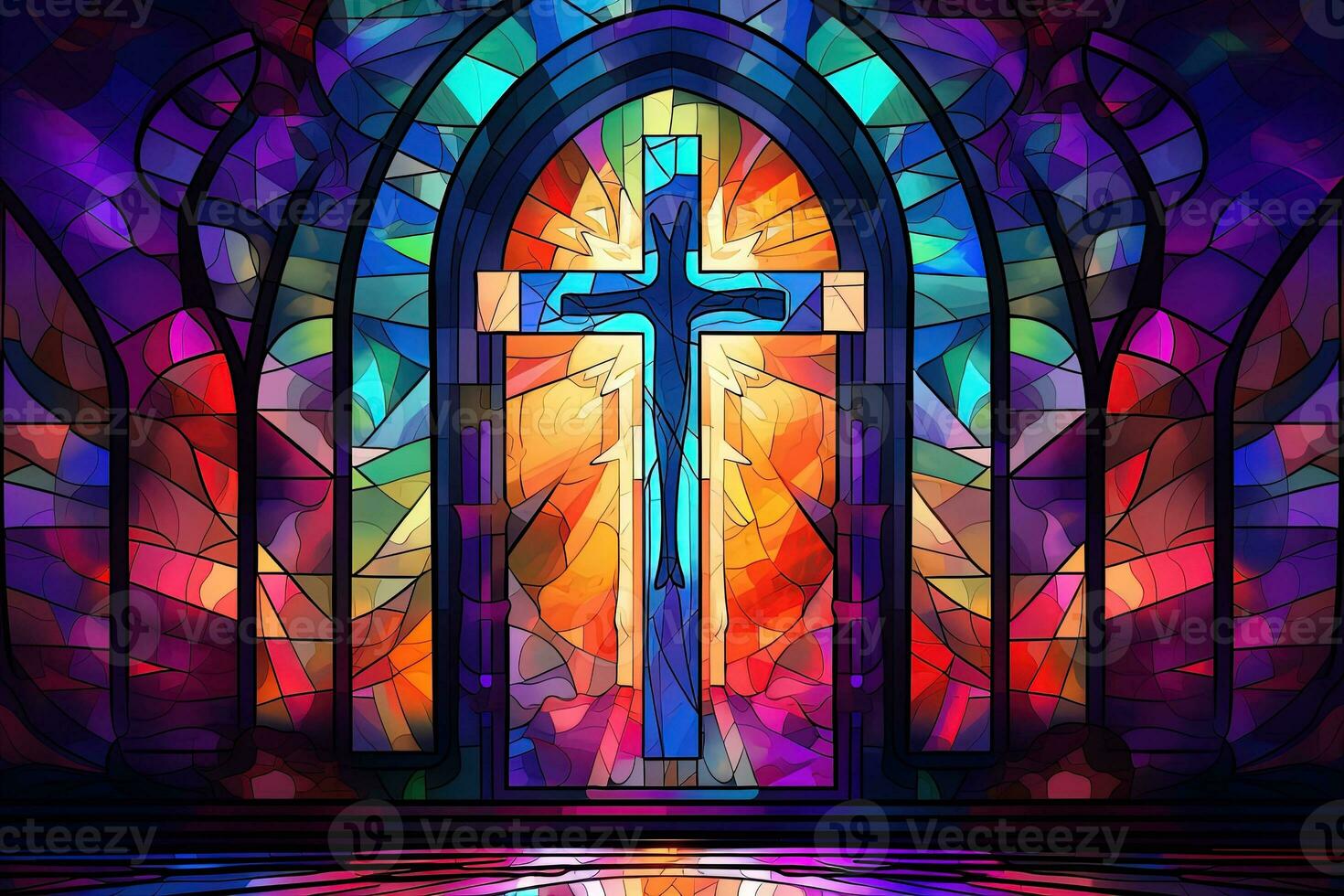 Illustration In Stained Glass Style With Cross On The Background Of The Stained Glass Window Ai