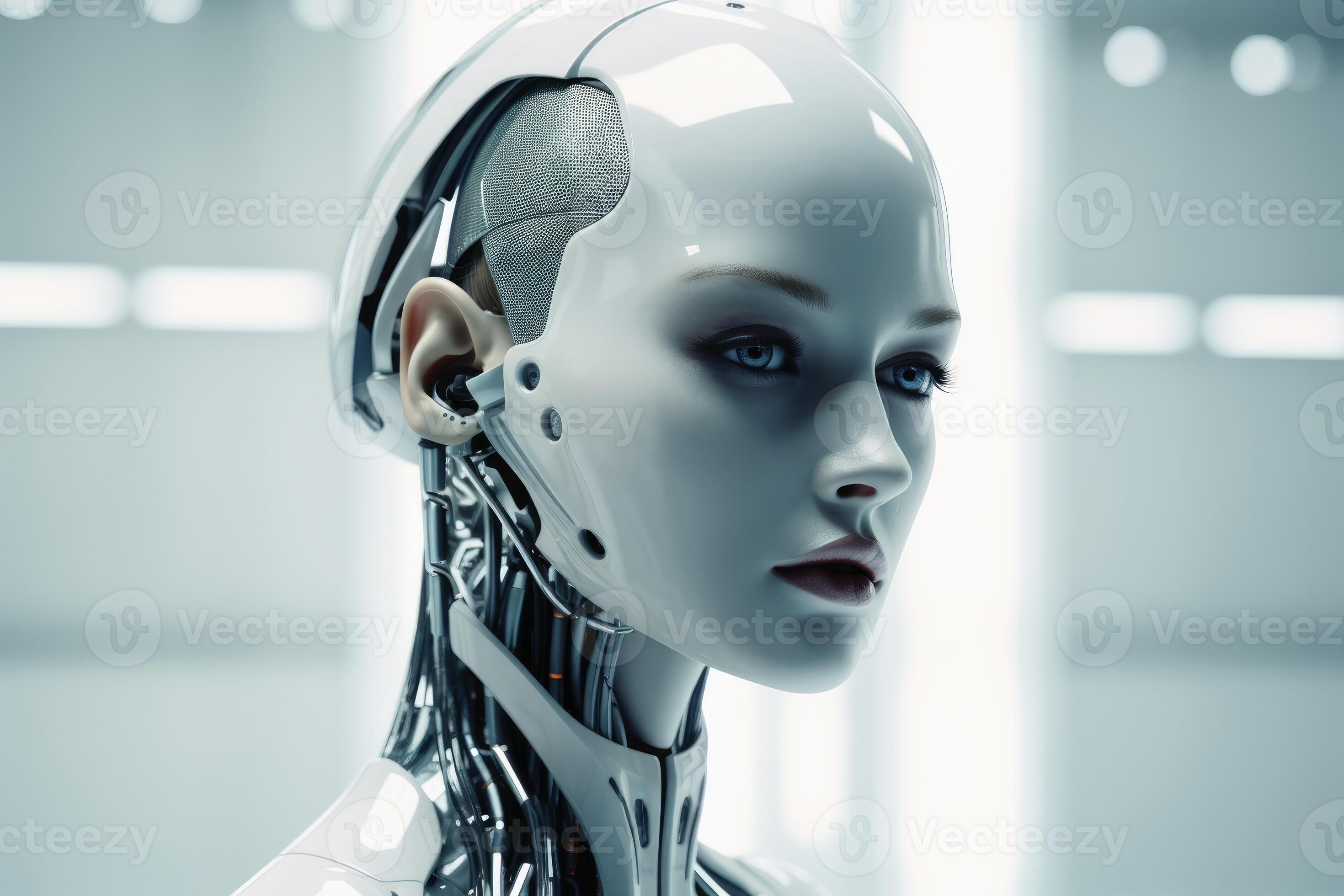 A female robot face of an artificial intelligence.AI generative ...