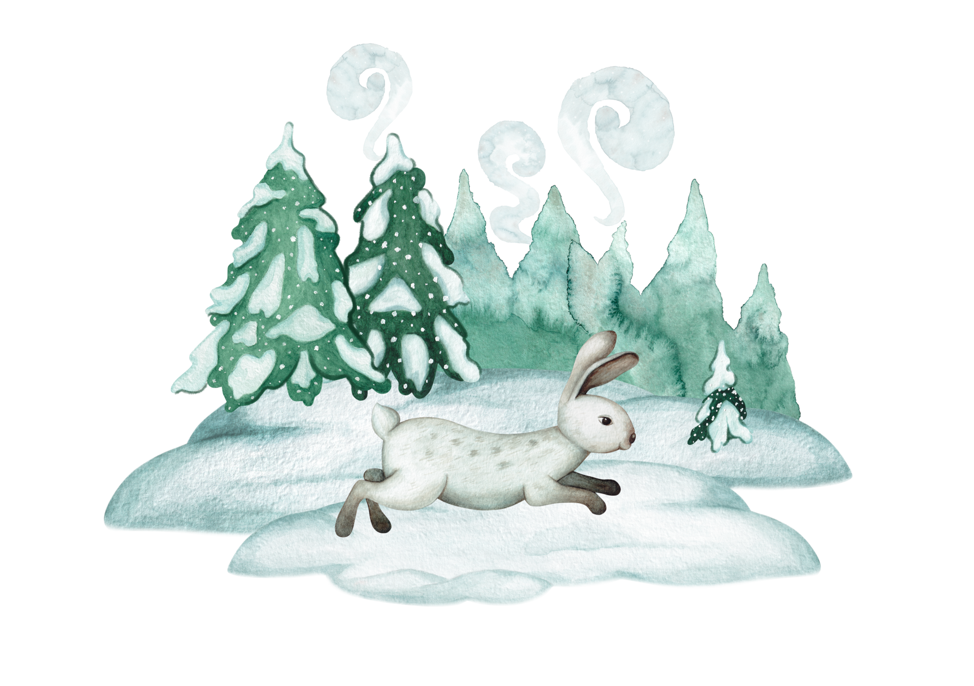 Watercolor illustration of a rabbit on a background of a winter forest ...