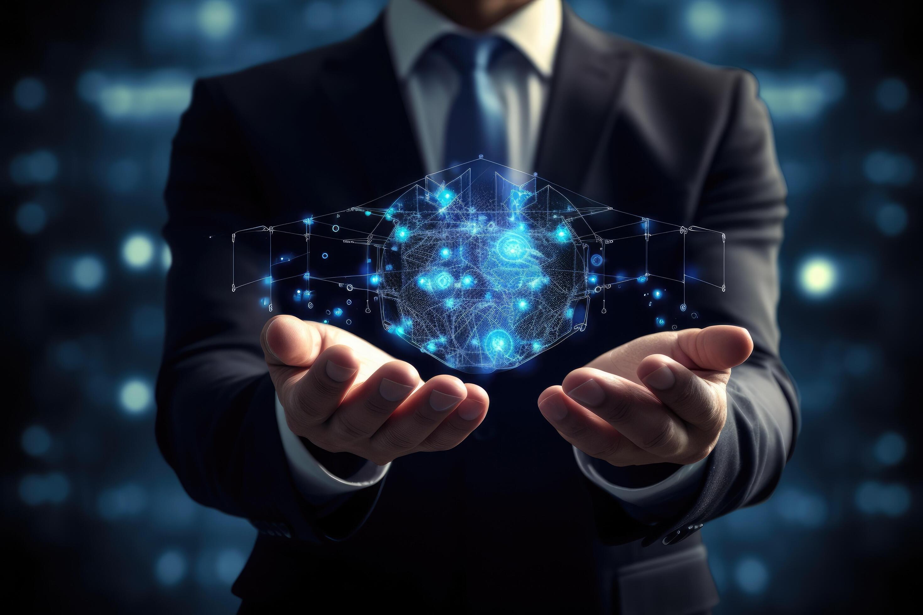 Businessman holding digital human brain in his hands. 3D rendering ...