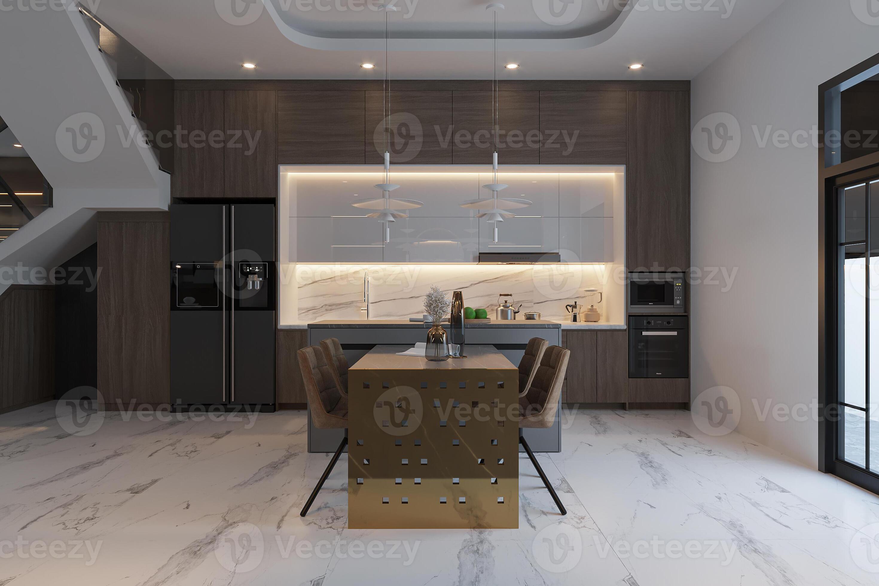 Contemporary Glamour Luxury Furniture And Utensils For Dining Cum Kitchen Interior Design 3d