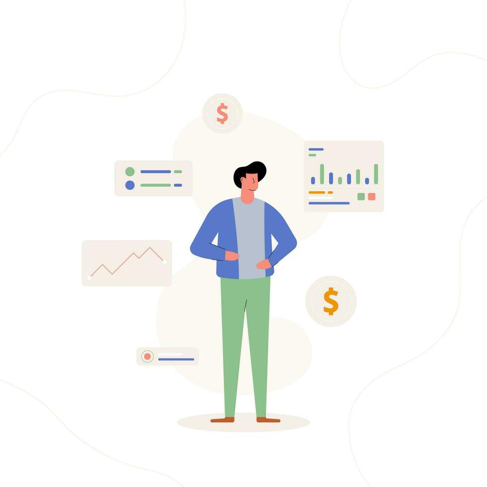 Financial technology concept with flat character using a dashboard for ...
