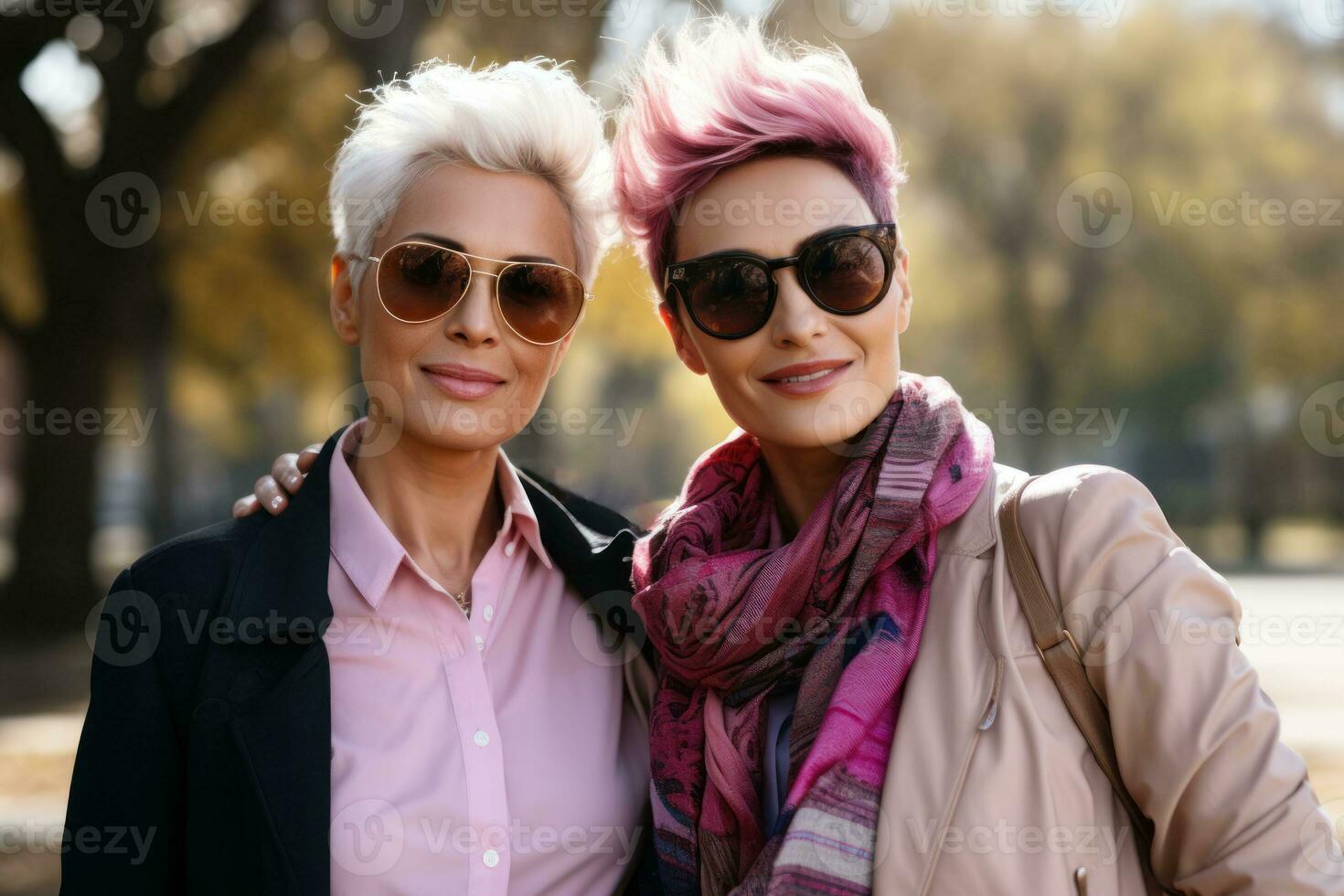 Two LGBTQ mature beautiful women in the park. White women wearing sunglasses with short blonde ...