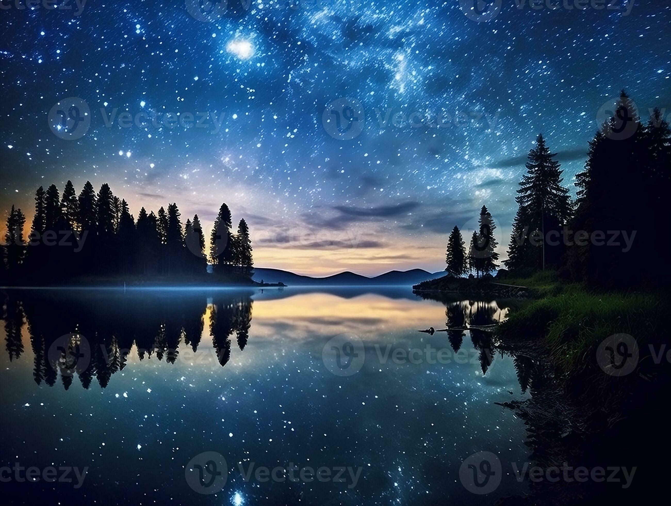 A striking wall art photograph capturing the beauty of a starry night sky above a serene lake ...