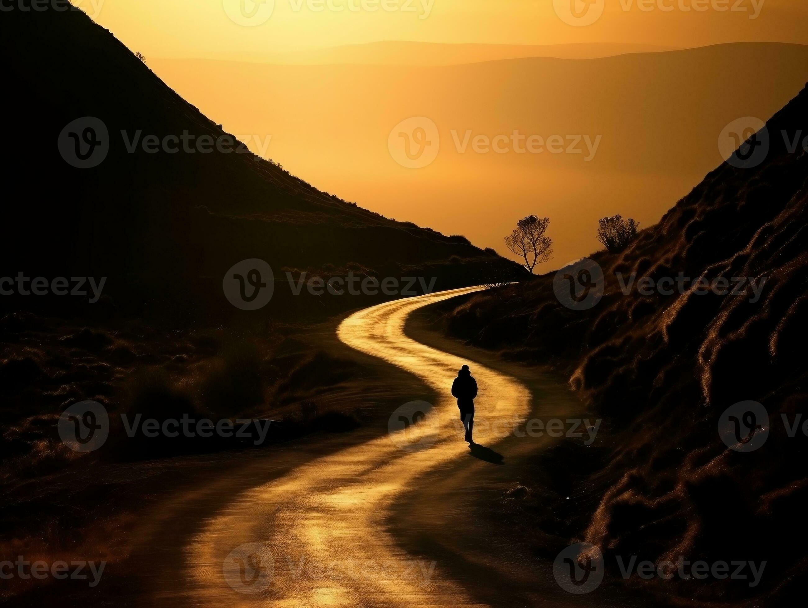 A silhouette of a person walking along a winding road generative ai 30822048 Stock Photo at Vecteezy