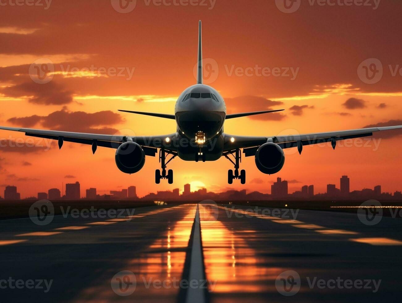 A large jetliner taking off or dawn from an airport runway at sunset generative ai 30822199 ...